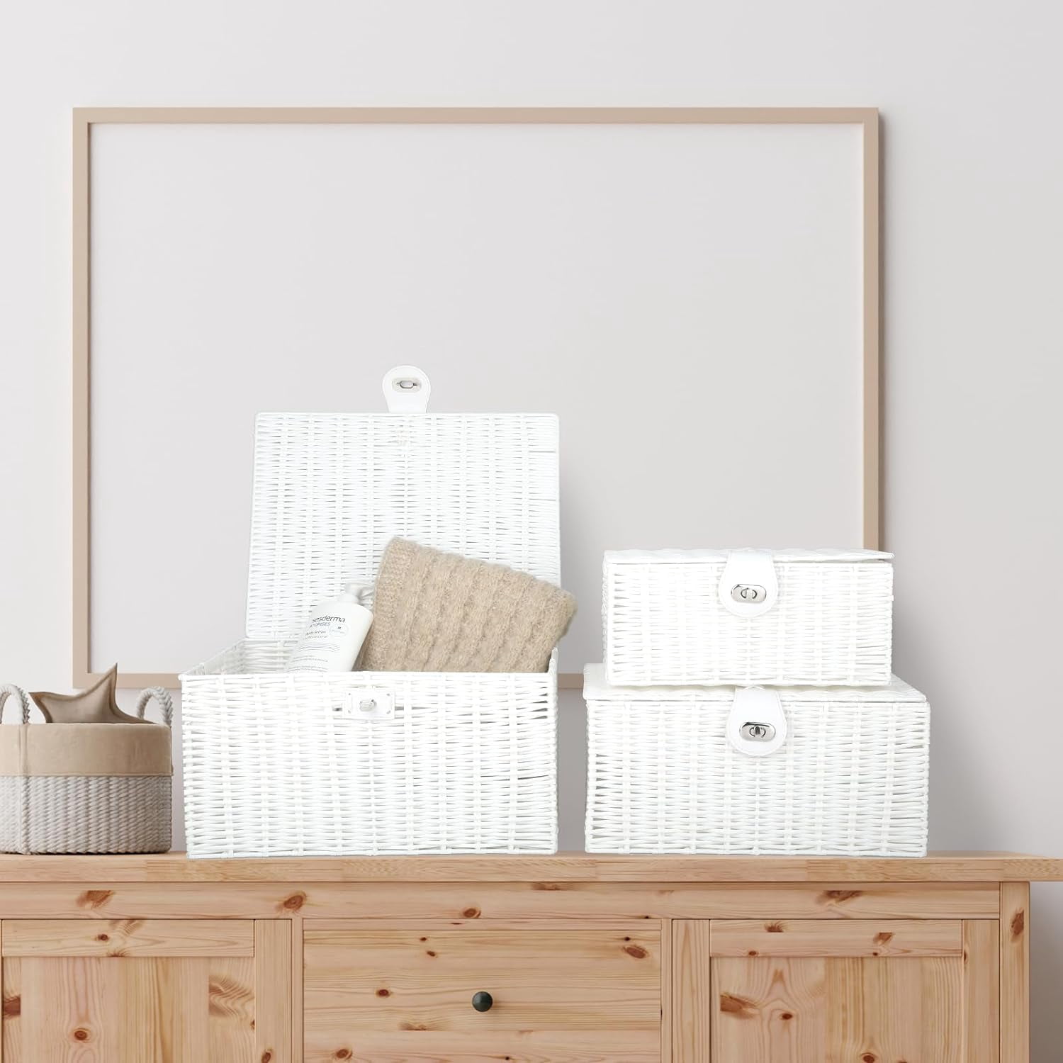 White Wicker Storage Baskets - Set of 3 Decorative Nesting Boxes with ...