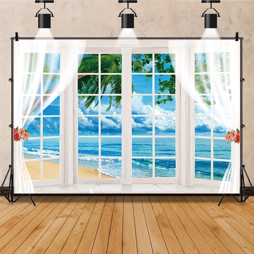 White Window Curtain Natural Seaside Blue Sky Cloud Tree Scenic Photo ...