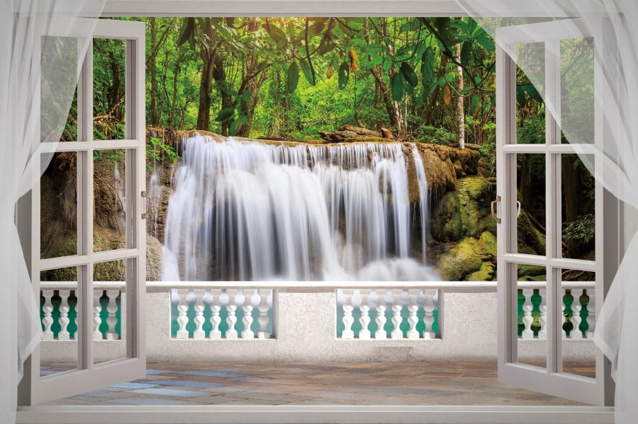 White Windowsill Backdrop Curtains Mountains Waterfall Landscape ...