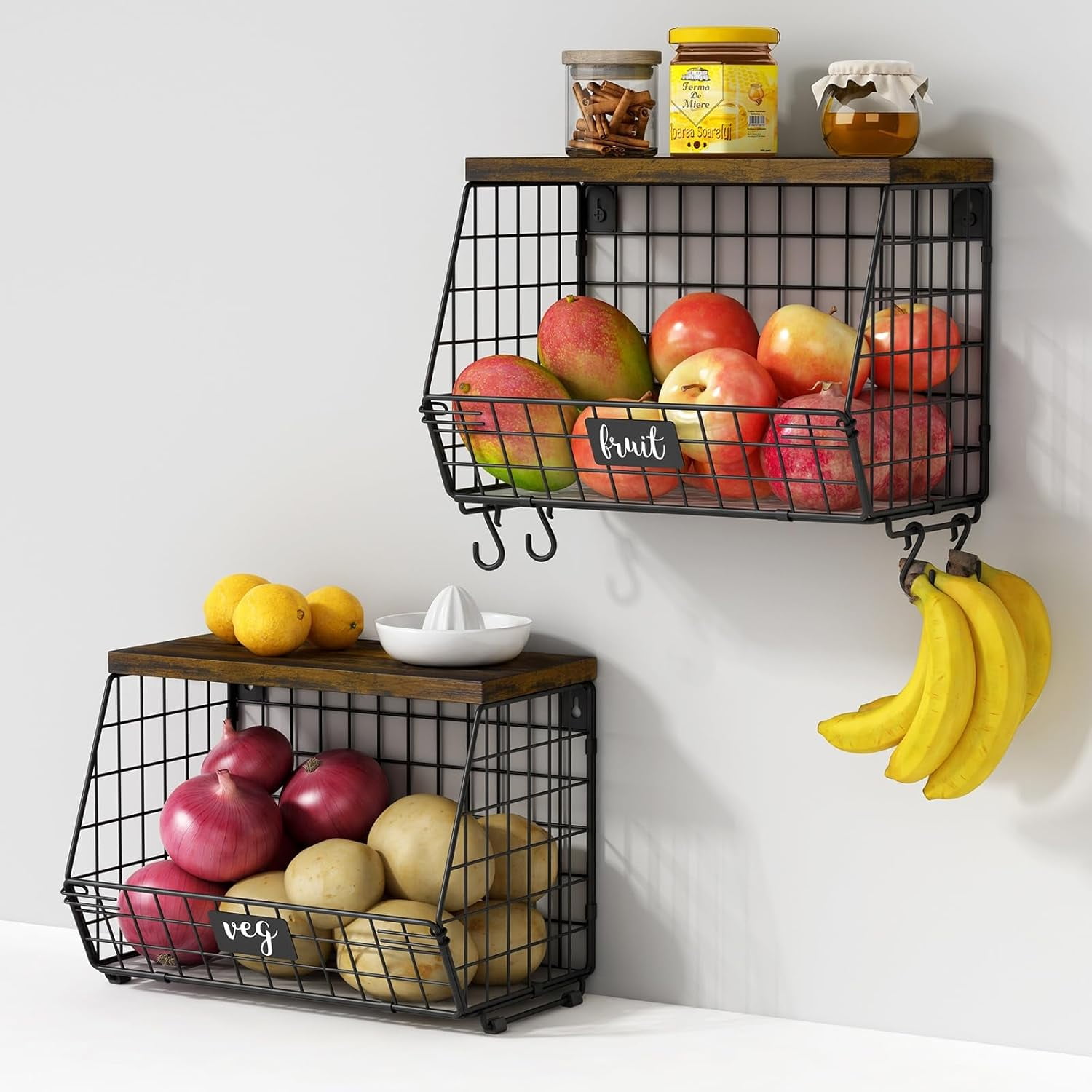 White Wire Basket Fruit Storage for Kitchen Counter Set of 2, Wall ...
