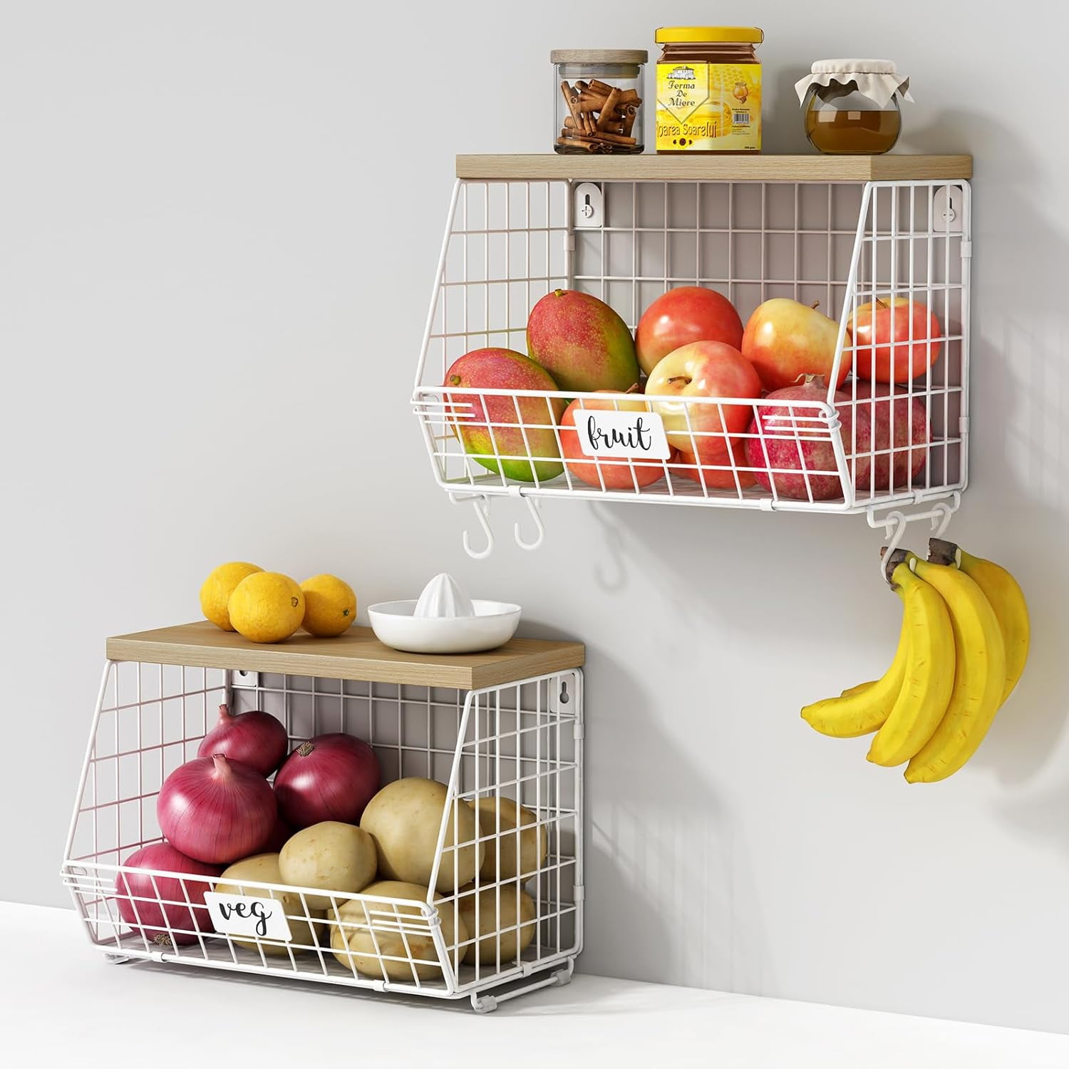 White Wire Basket Fruit Storage for Kitchen Counter Set of 2, Wall ...