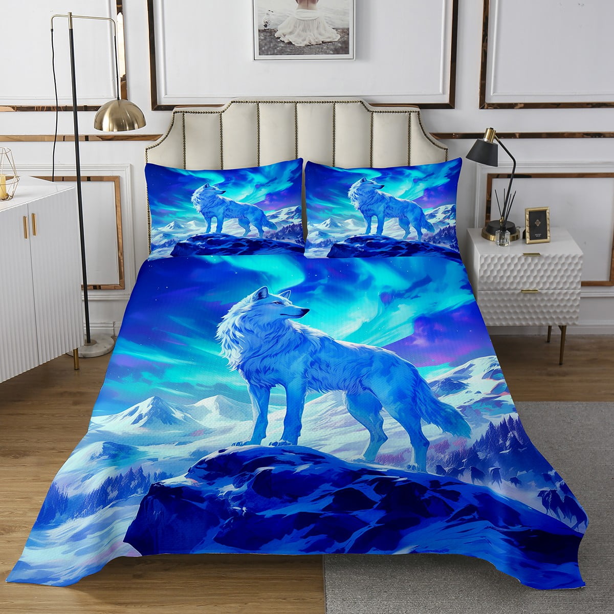White Wolf Bedspread Set Queen,Dreamy Aurora Stars Galaxy Bedding Set ...