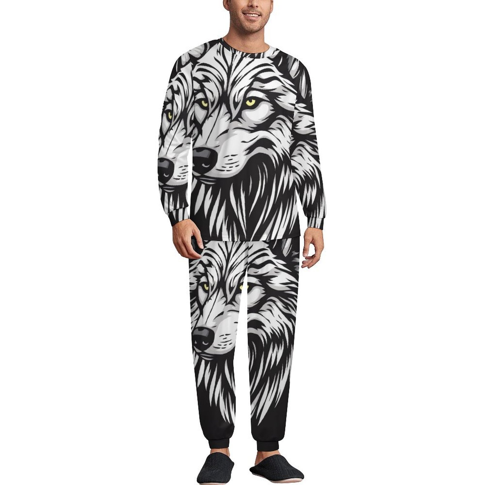 White Wolf Head Art Pajamas Men Long Sleeves Pajama Sets 2 Pieces ...