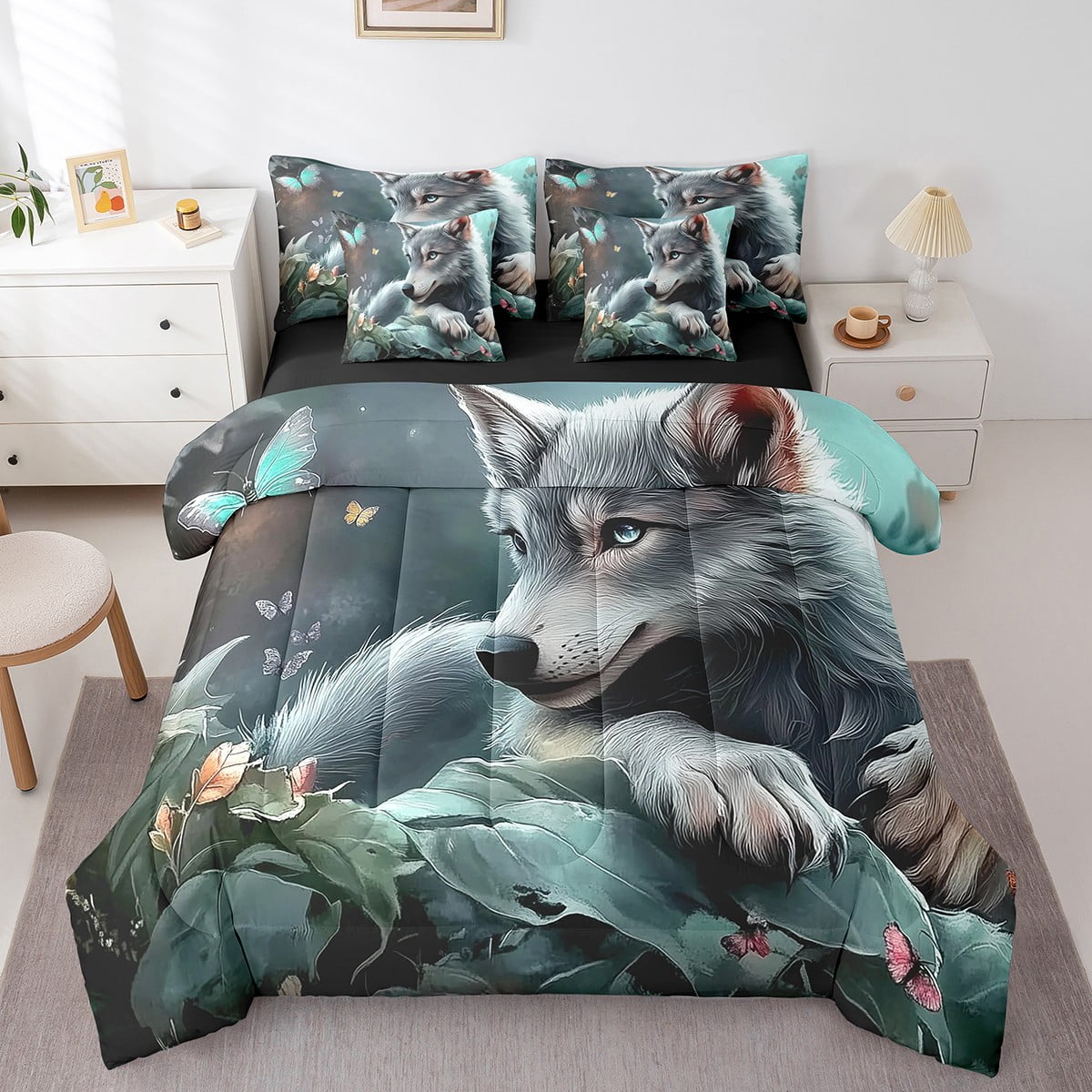 White Wolf King Bed in a Bag 7 Piece Rustic Farm Butterfly Print ...