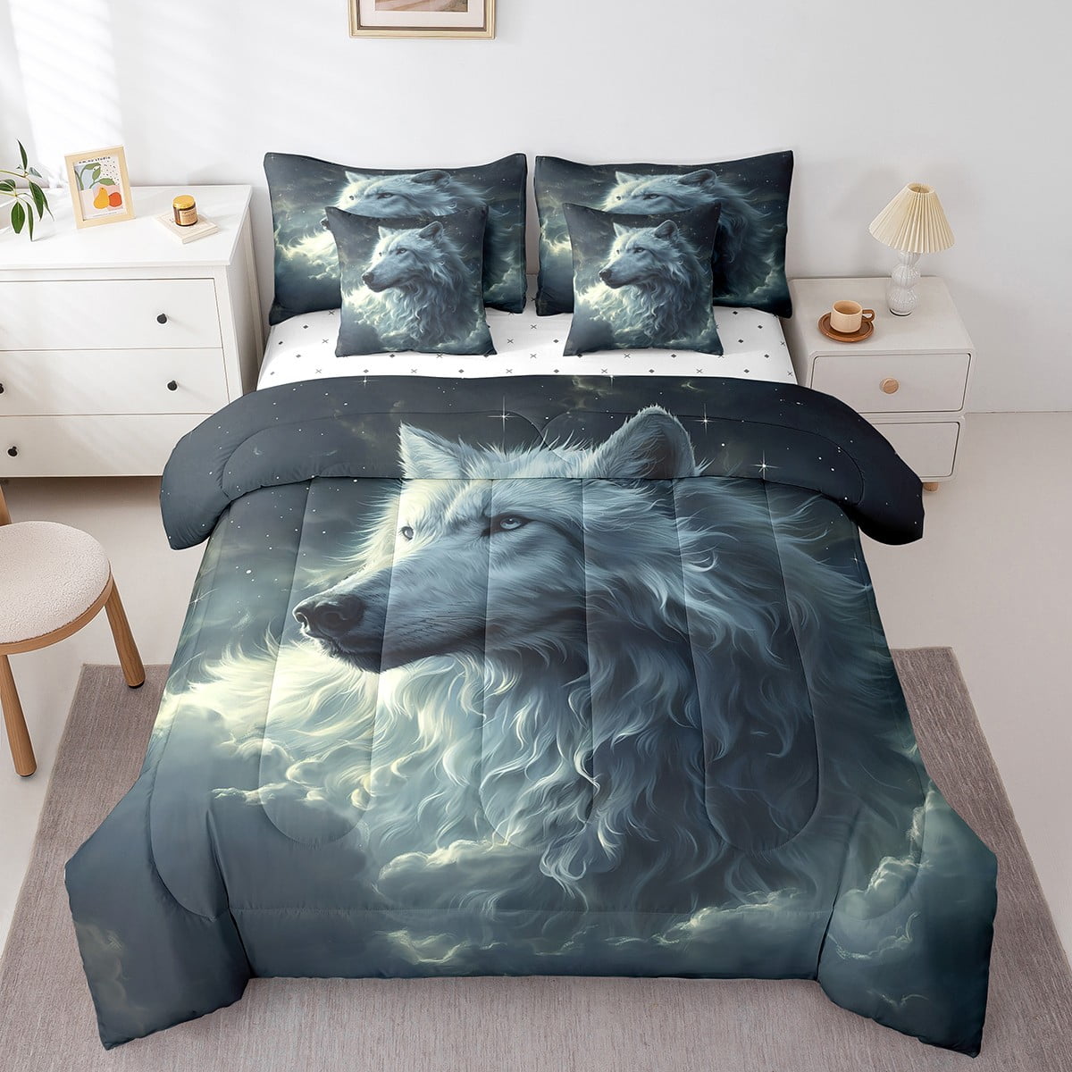 White Wolf Queen Comforter Set,Galaxy Starry Sky Bedding Set,Woodland ...