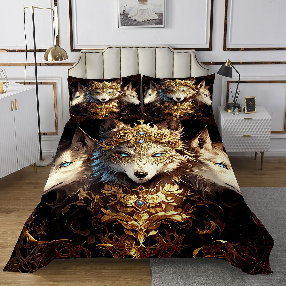 White Wolf Quilt Set King Size Cool Animal Wolf Bedspread Bohemian ...