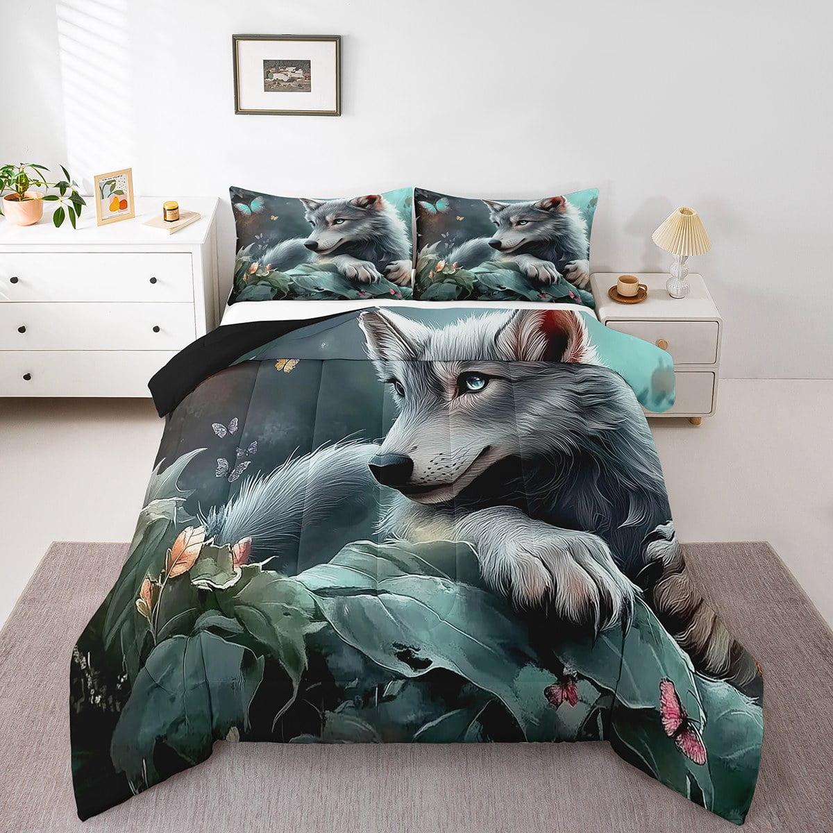 White Wolf Twin Comforter Set Rustic Farm Butterfly Print Bedding Sets ...