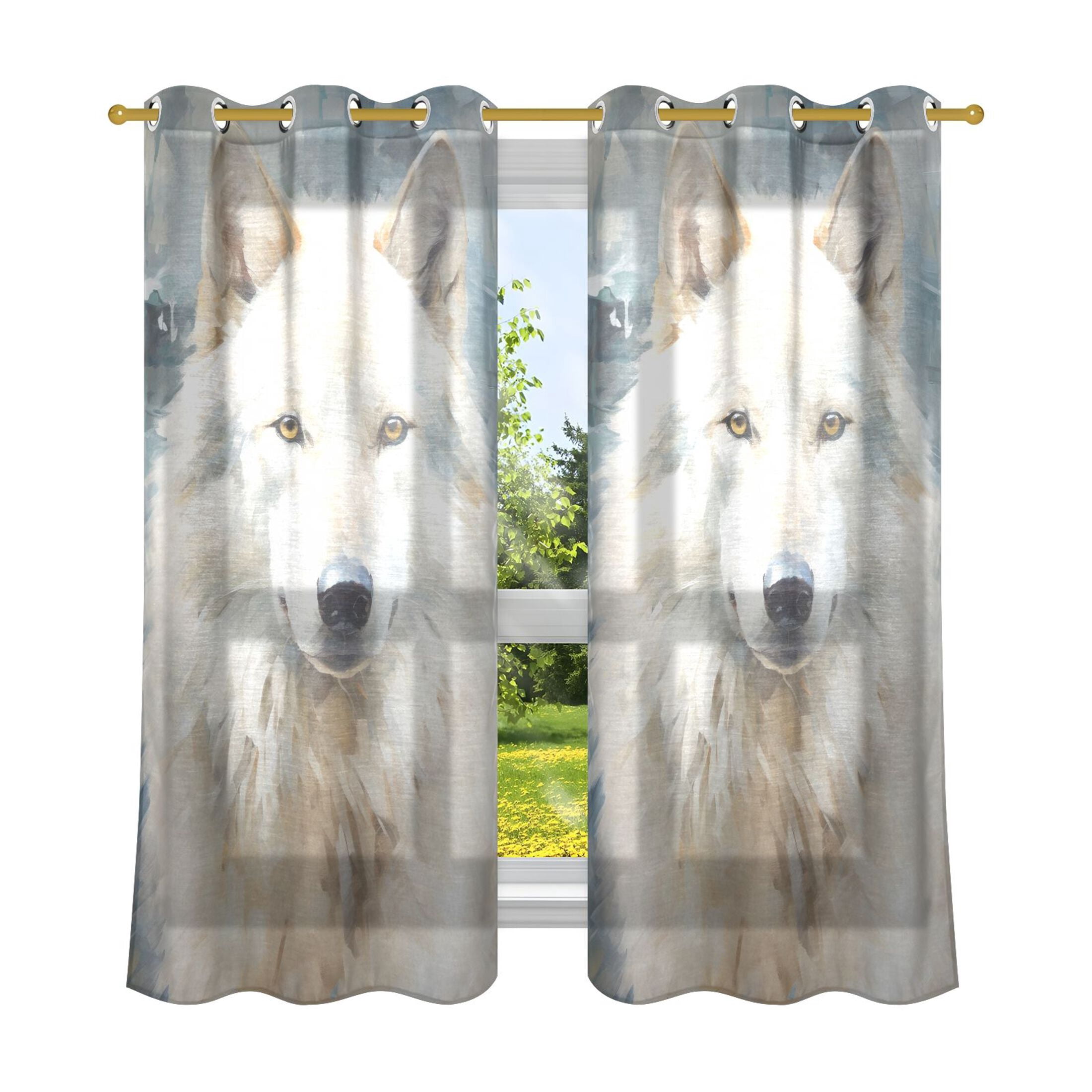 White Wolf on Forest Semi Sheer Curtains 2 Panels Faux Linen Voile ...