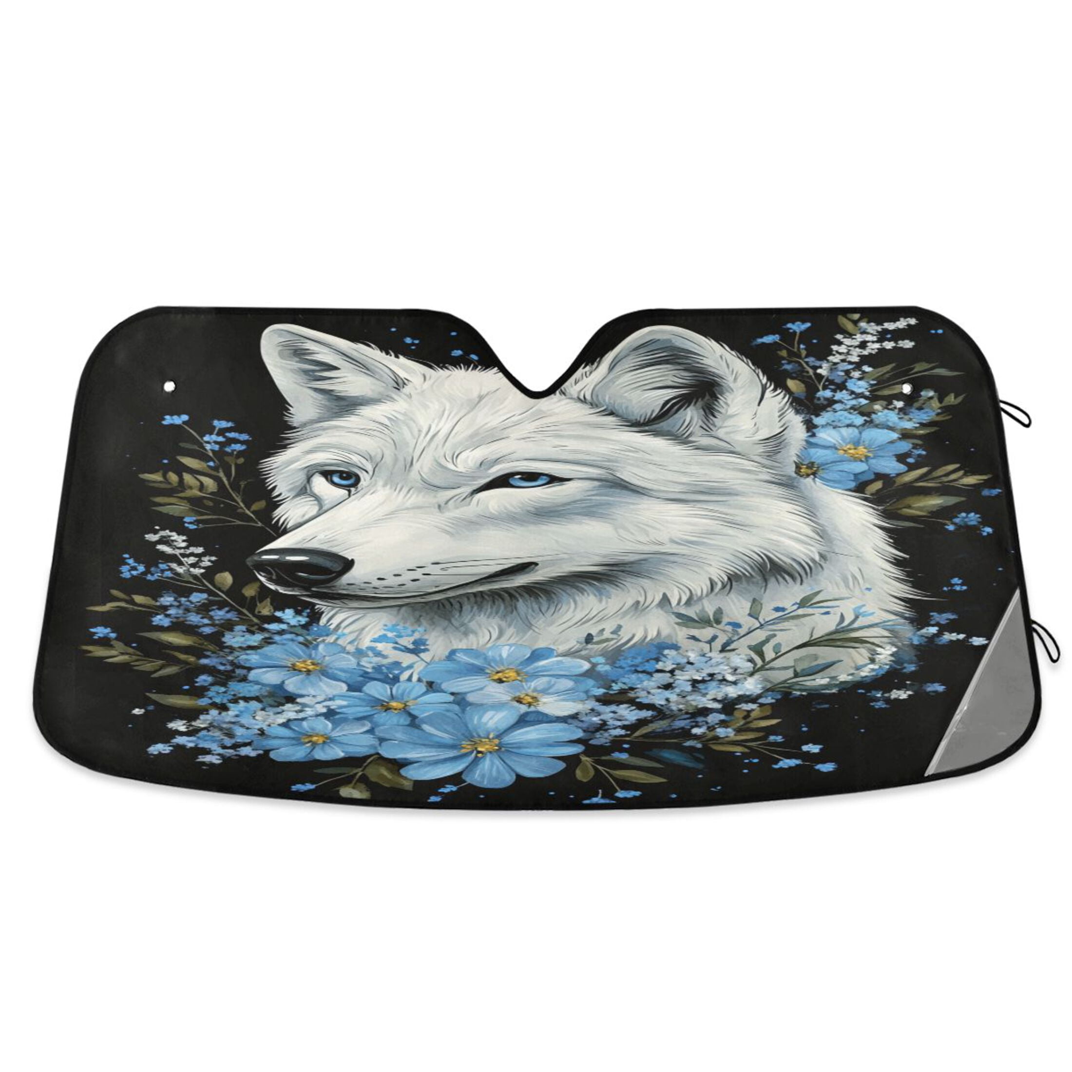 White Wolf with Blue Florals Windshield Sun Shade Automobile Visor ...