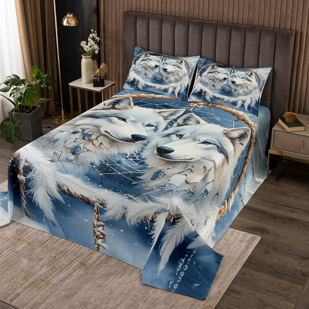 White Wolves King Coverlet Set Wild Wolf Jungle Animal Winter Snowy ...