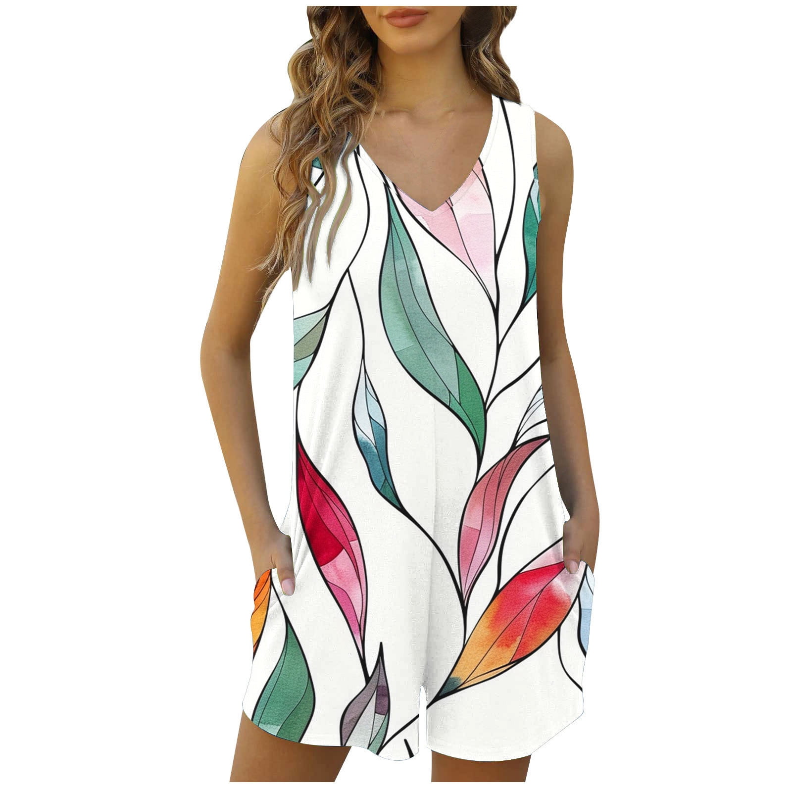 White Women Coveralls Shortalls Vine Floral Loose Fit Overalls ...