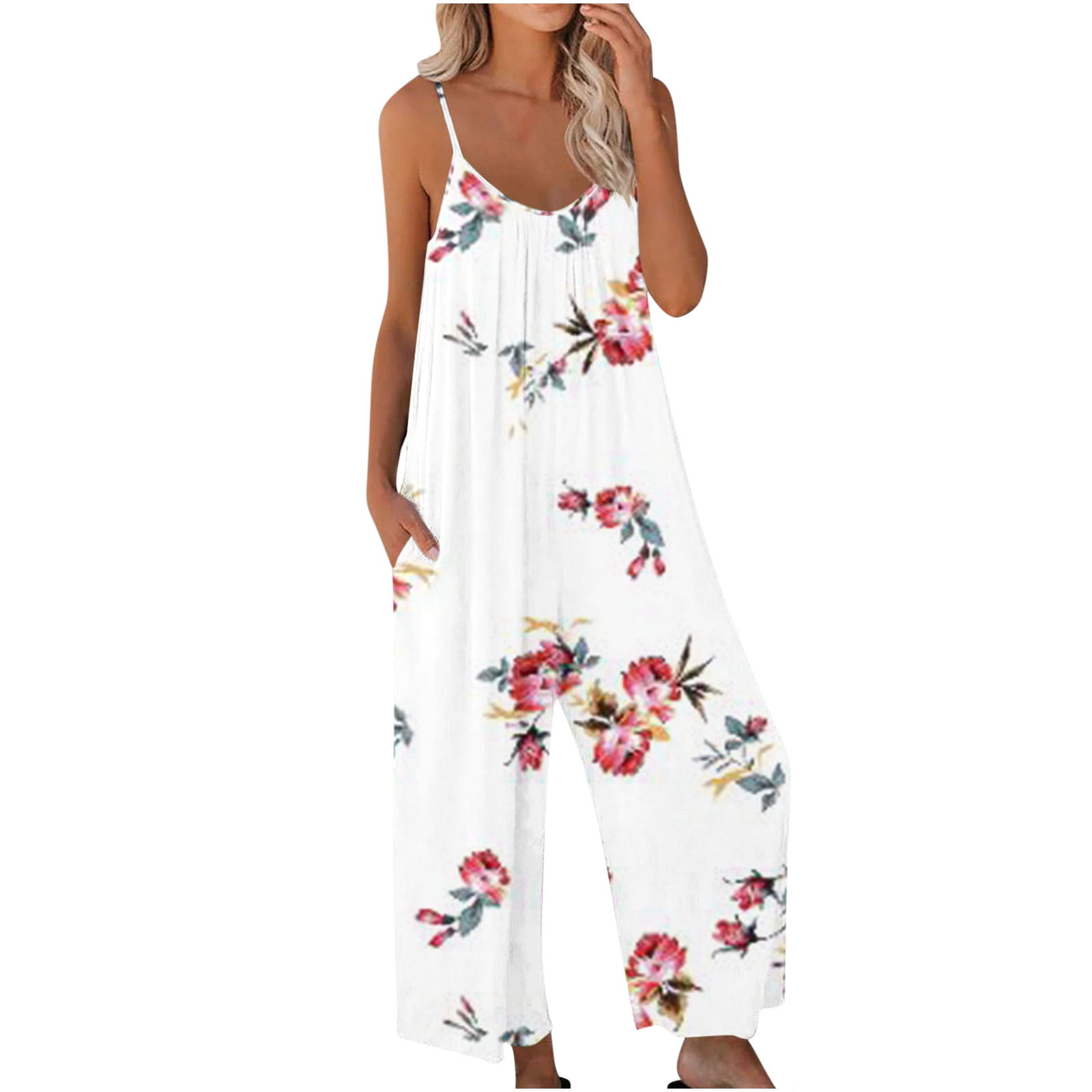 White Women Flared Wide Leg Jumpsuits Flower Graphic Loose Fit ...