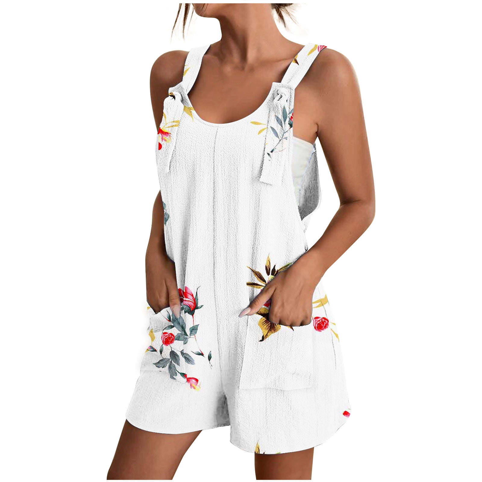 White Women Floral Loose Fit Overalls Shortalls Faux Linen Overalls ...