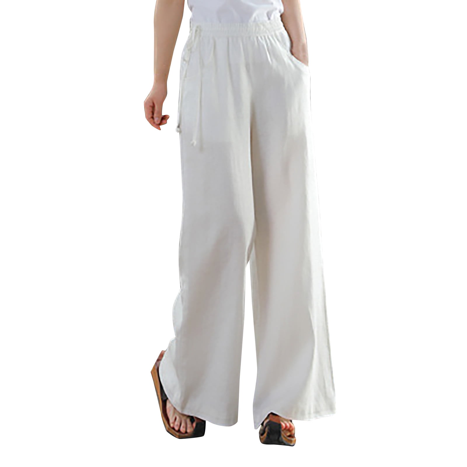 White Women Loose Fit Faux Gauze Linen Pants for Teen Girls Brunch High Cut Flare Bell Bottom ...