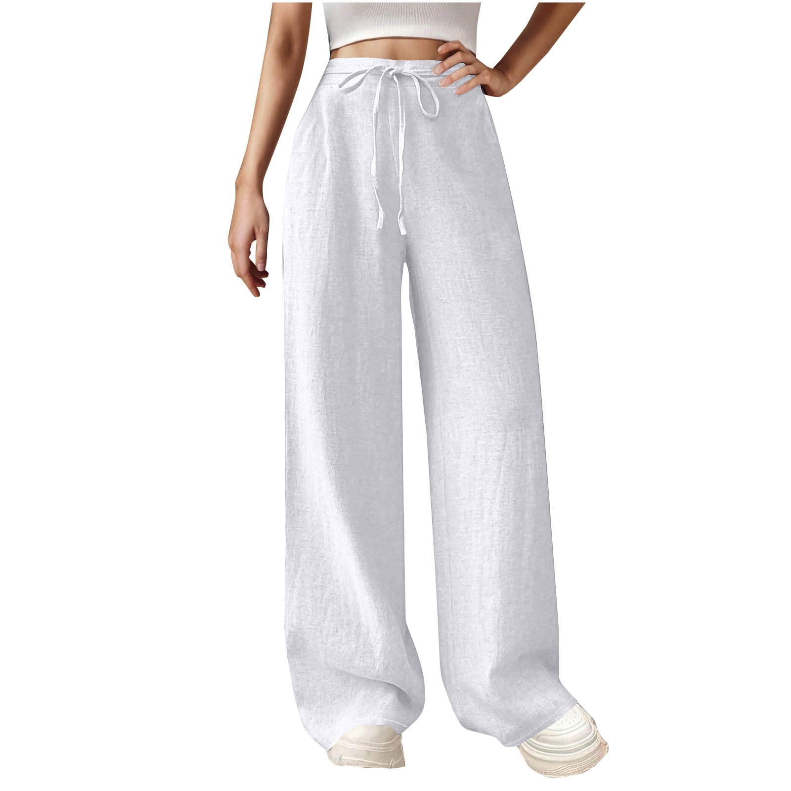 White Women Loose Fit Pants for Teen Girls Faux Linen Brunch High Cut Flared Bell Bottom ...