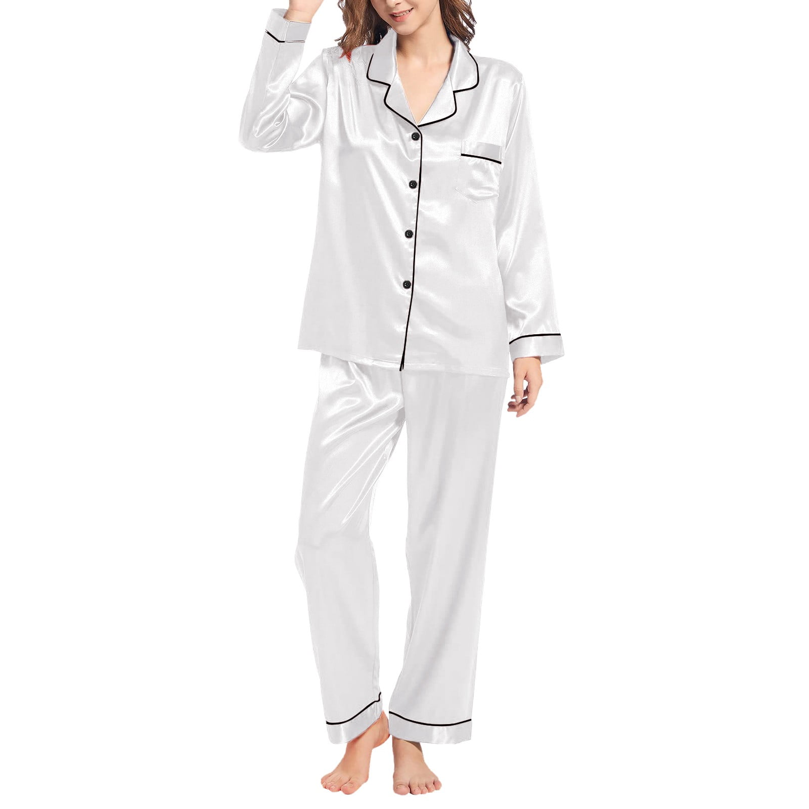 White Women Pajama Sets Womens Silk Like Pajamas Long Sleeve Set Two ...