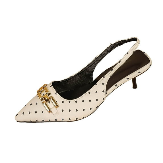 White Women Pointed Toe Low Heel Sandals Closed Toe Thin Heel Polka Dot ...