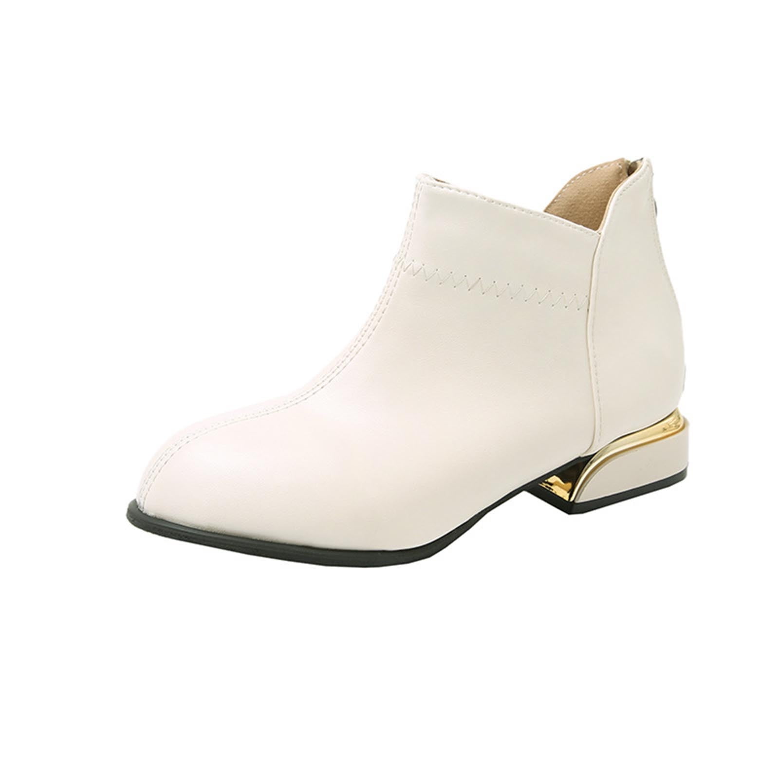 White Women'S Chunky Heel Boots Feature A Pointed Toe And Convenient ...