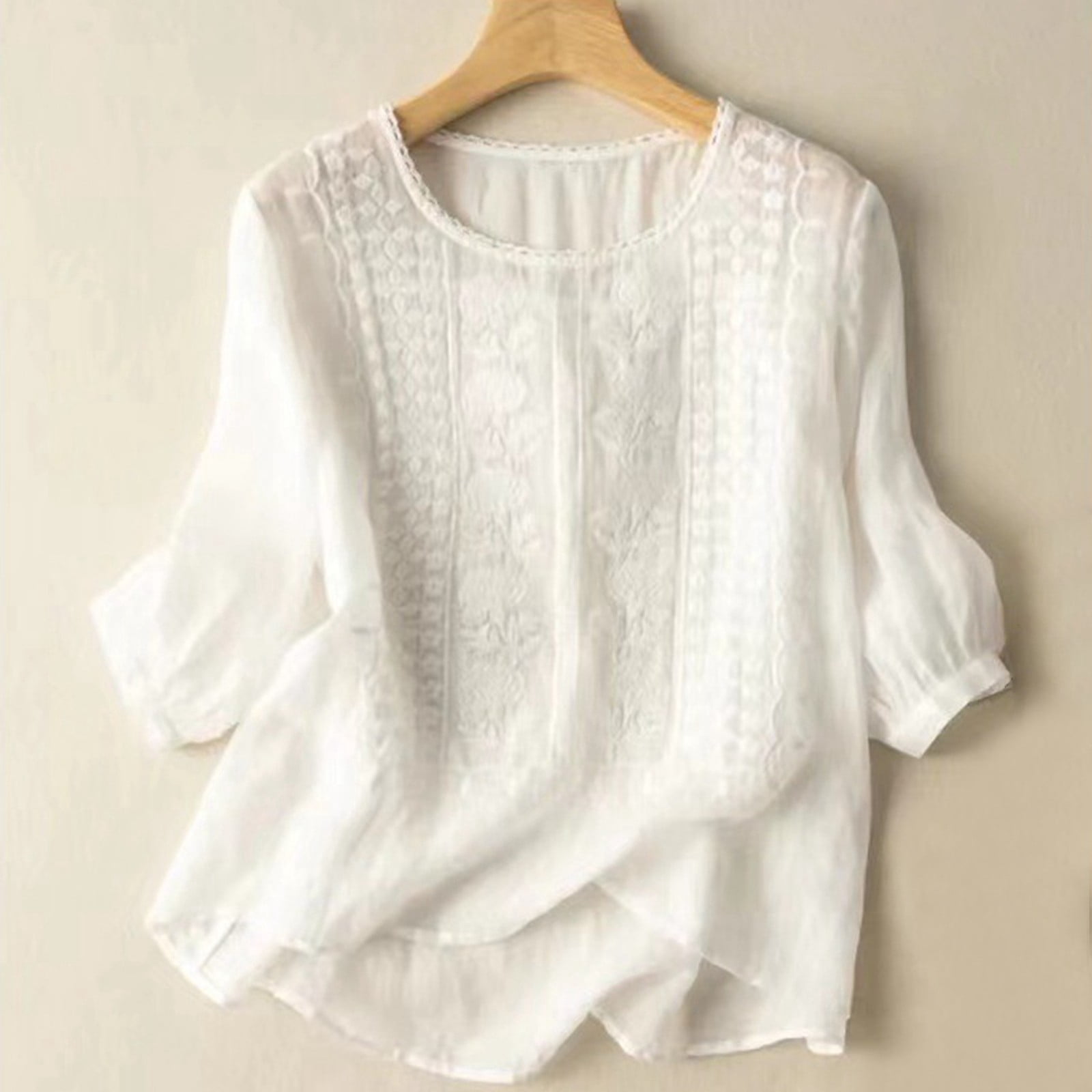 White Women Shirts, Women Summer Round Neck Button Cotton And Dandelion ...