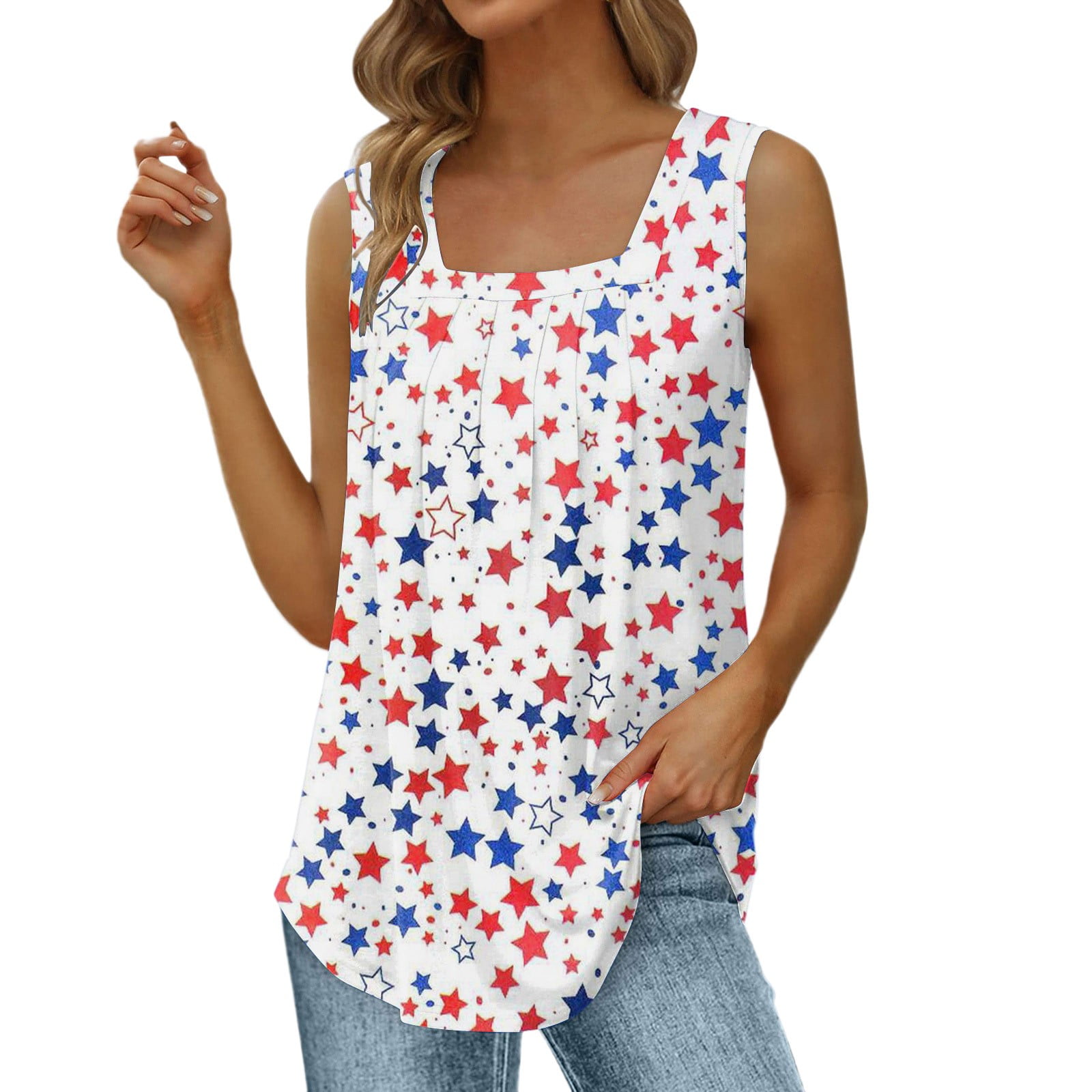 White Womens Tanks And Camis Summer Vest Loose Pleated Square Neck