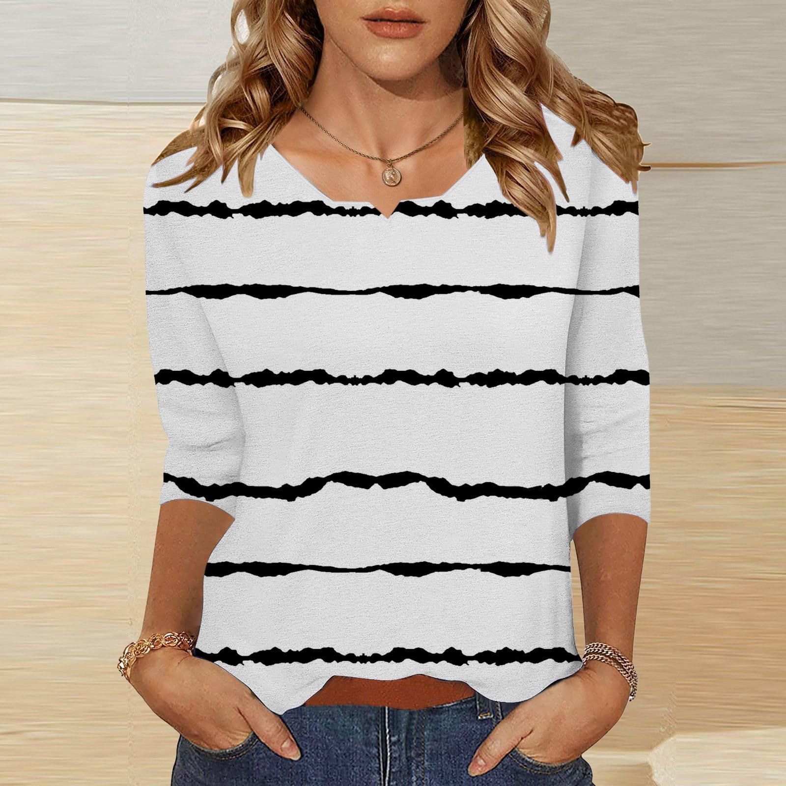White Womens Blouses Womens 3/4 Length Sleeve Tunic Tops Casual V Neck ...