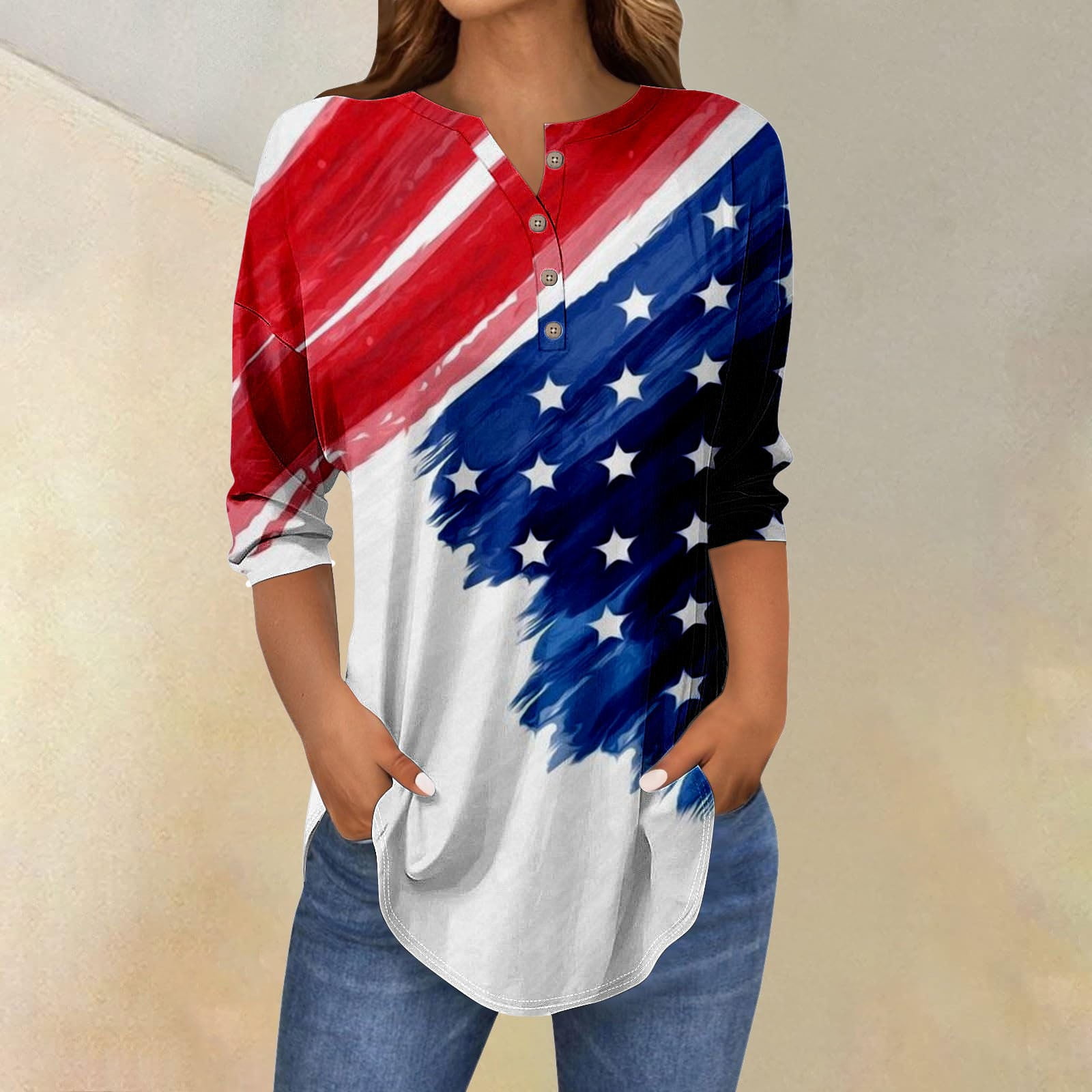 White Womens Blouses Womens 4Th Of July Tops 3/4 Length Sleeve July 4Th ...