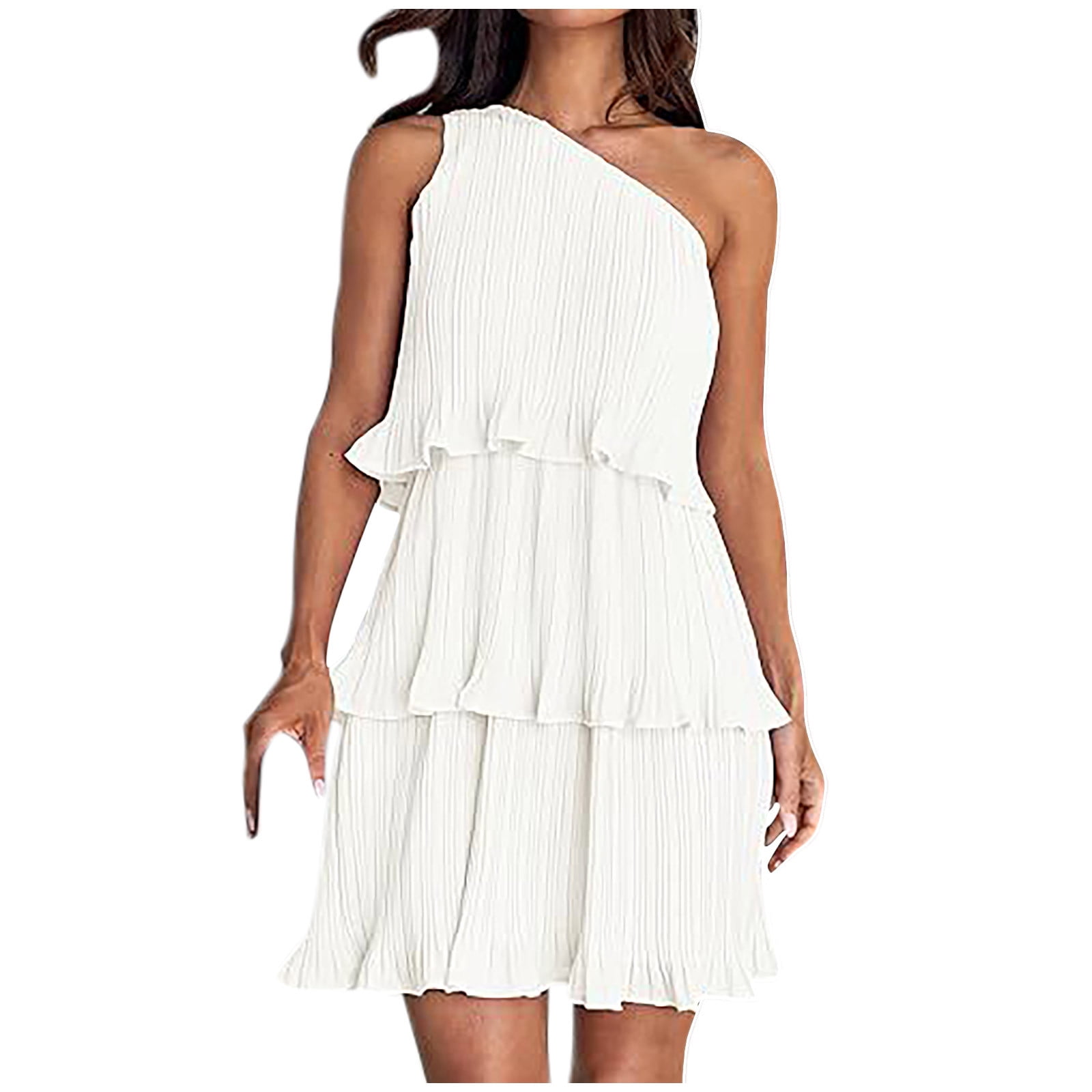 White Womens Long Sleeve One Shoulder Dress for Ladies Midi Tiered ...