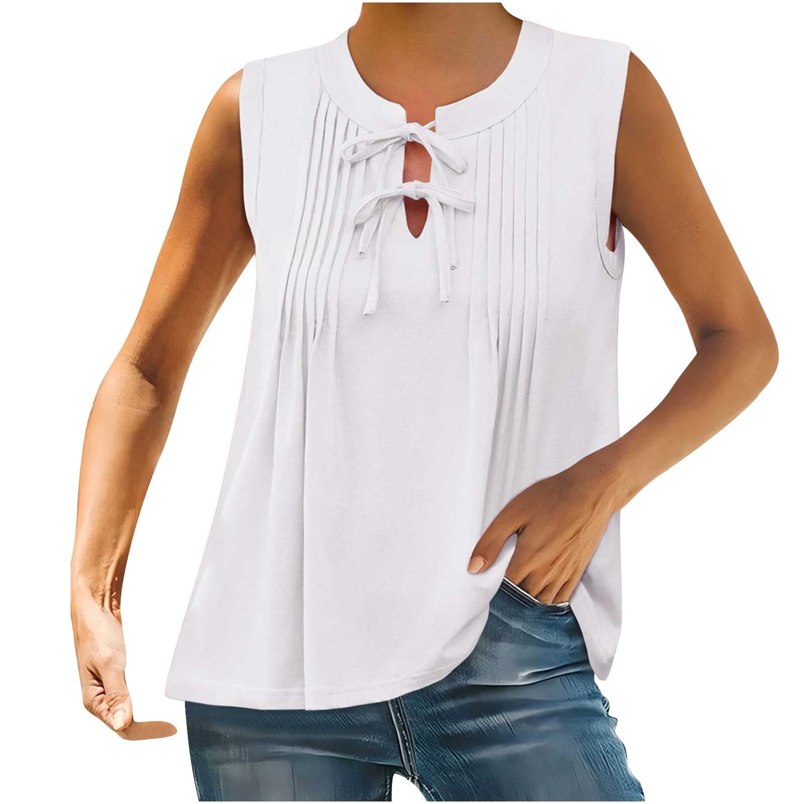 White Womens Pleated Cami Tank Tie Knot Plain Vests Loose Fit Tops Vest ...