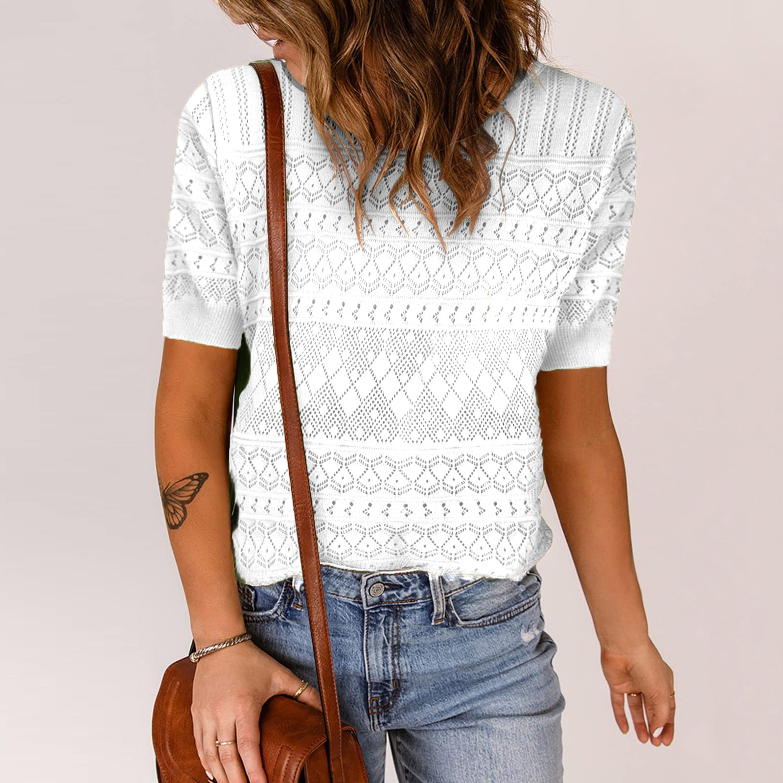 MPWEGNP White Womens Short Sleeve Sweaters Tops Crew Neck Pullover ...