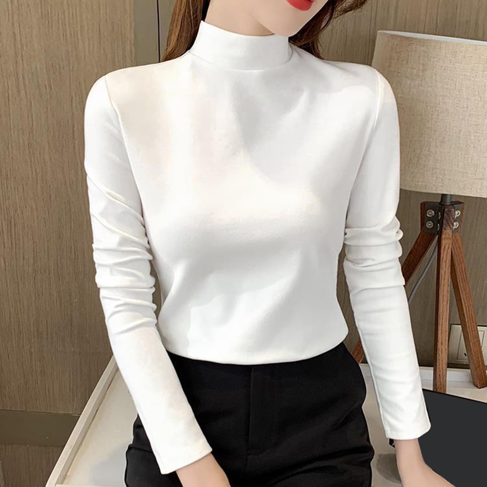 White Womens Tops Slim Casual Solid Long Sleeve Mock Turtleneck Blouse ...