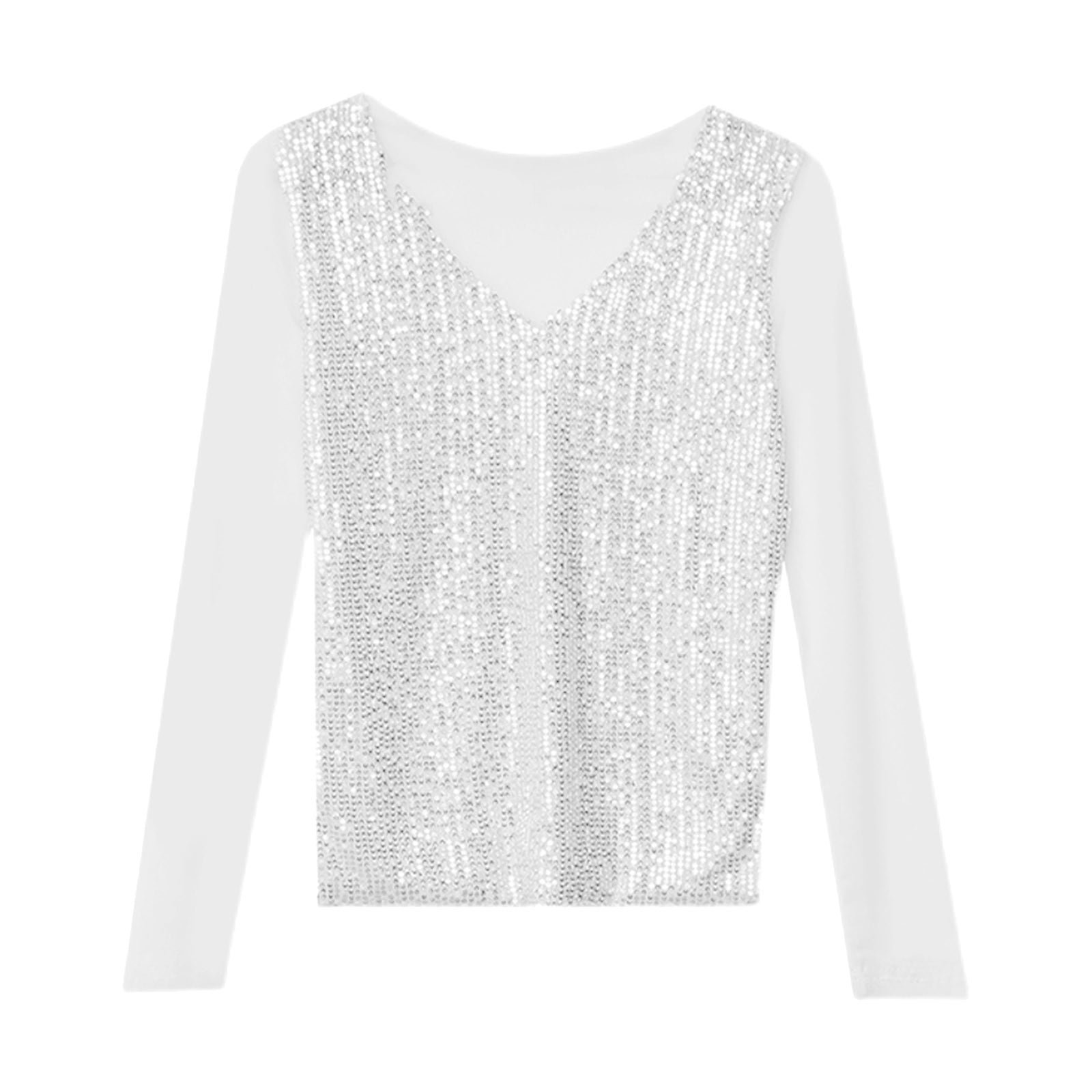 White Womens Tops Women's V Neck Double Layer Mesh Sequin Tight Fitting ...