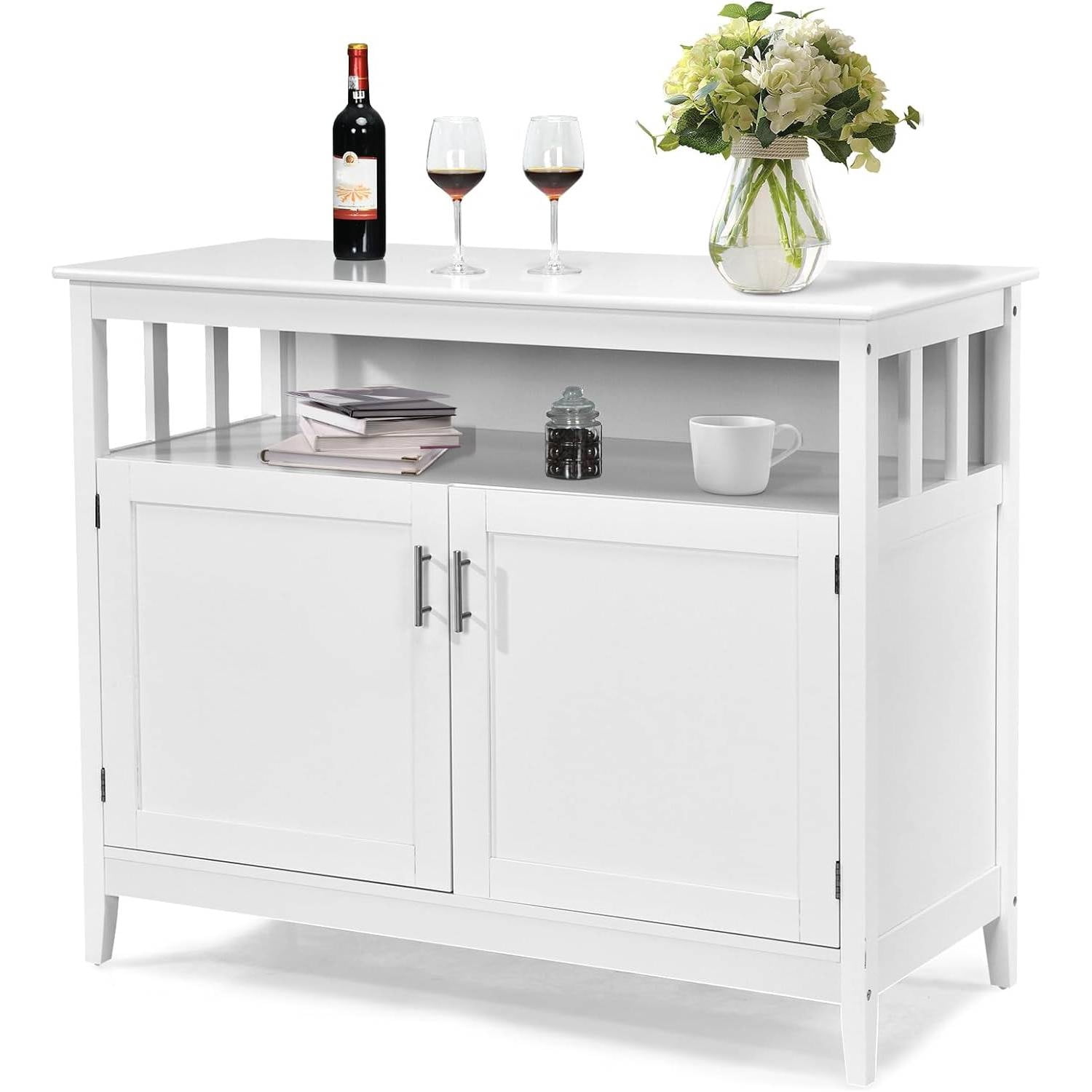 White Wood 2-Door Dining Buffet Sideboard Cabinet with Open Storage ...