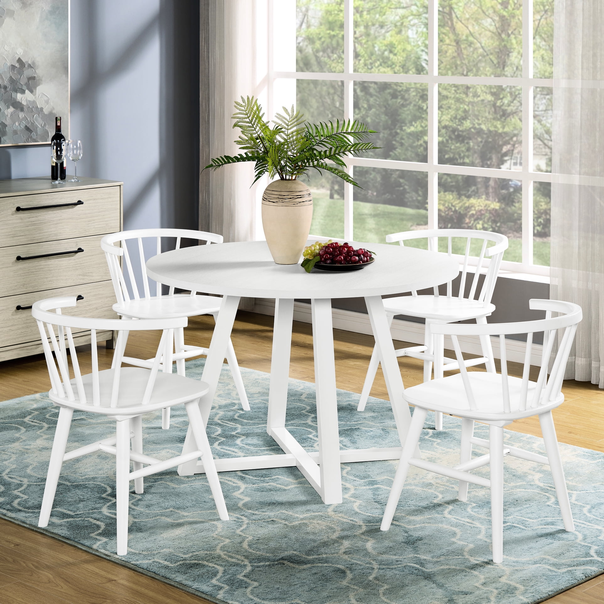 White Wood 5 Dining , Round Trestle Table With 4 Enchanting Chairs ...