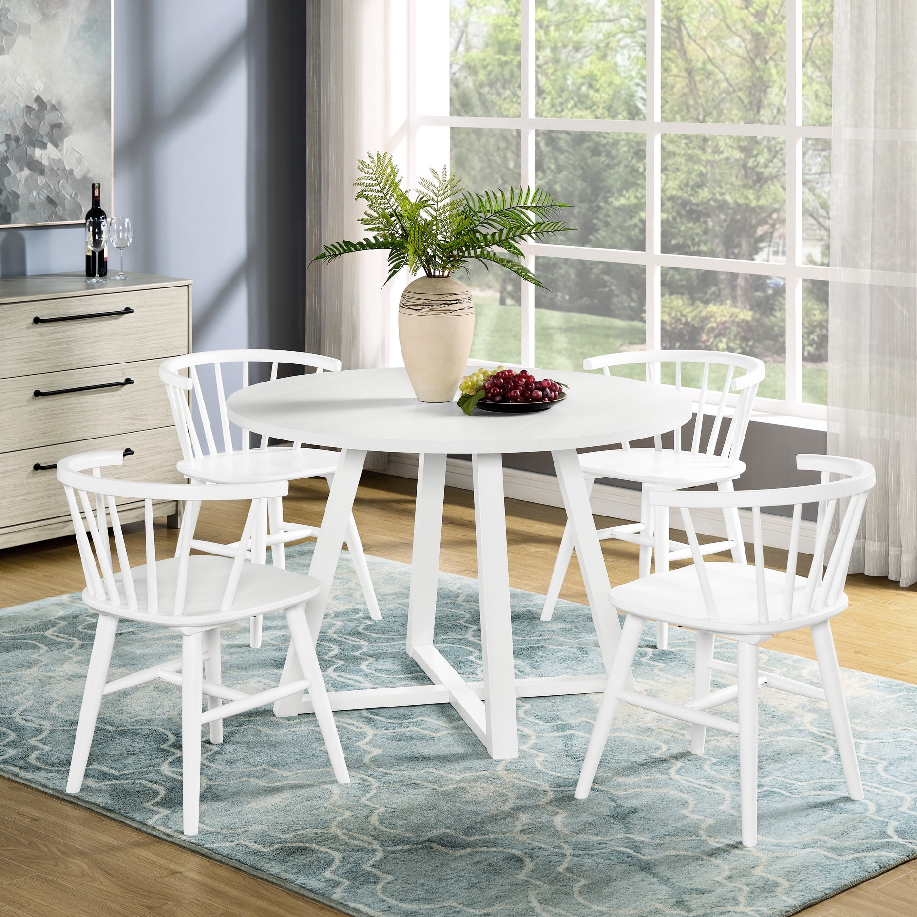 White Wood 5 Dining , Round Trestle Table With 4 Esteemed Chairs ...
