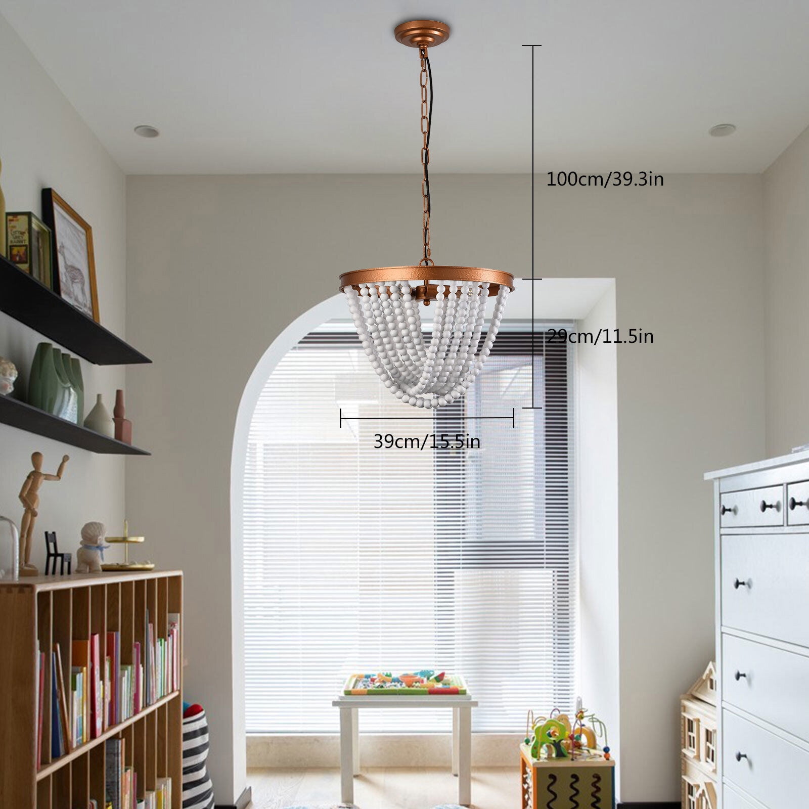 White Wood Bead Pendant Bohemian Boho Beachy Ceiling Lamp Light ...