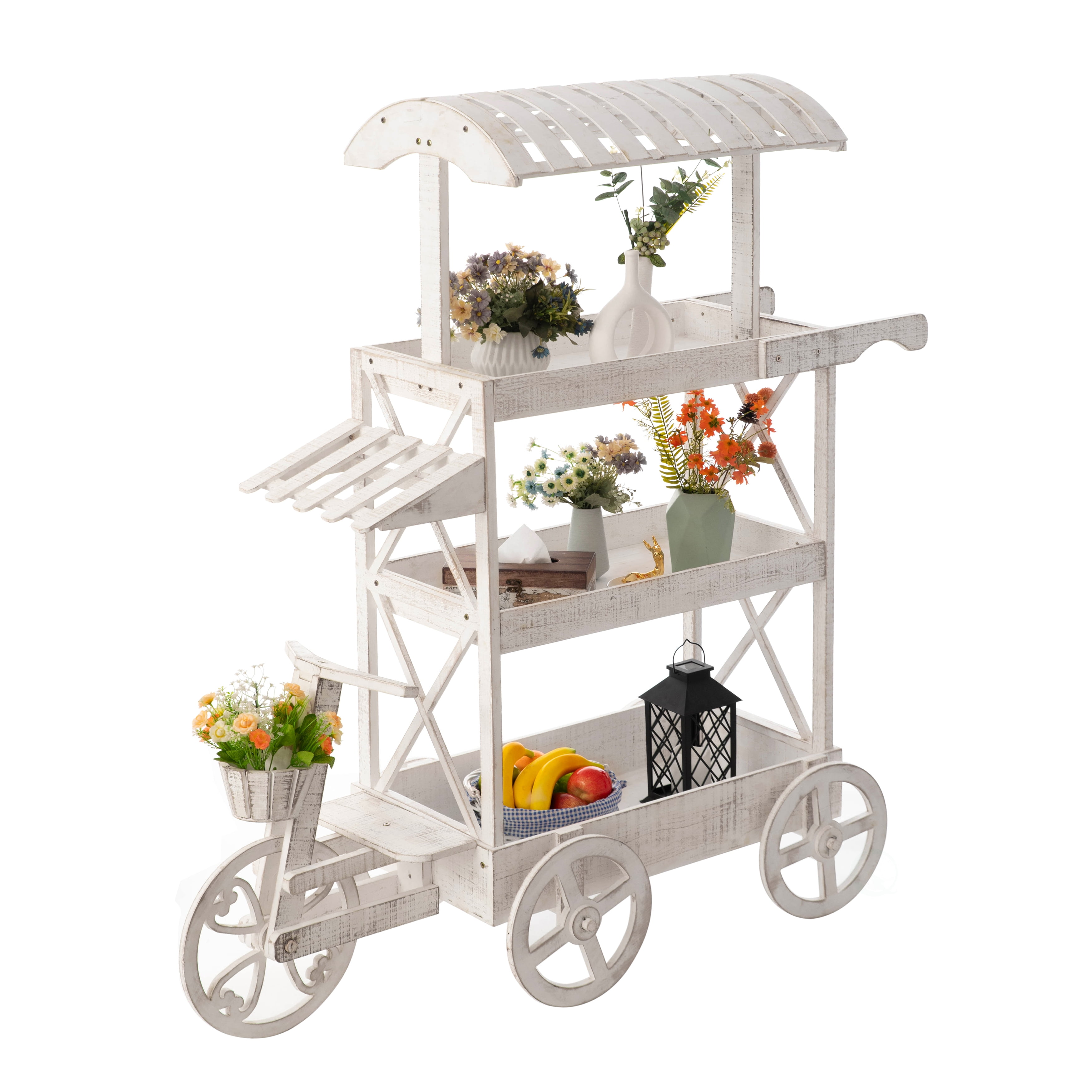 White Wood Decor Display Rack Mobile Food Cart with Wheels 3 Tier for ...