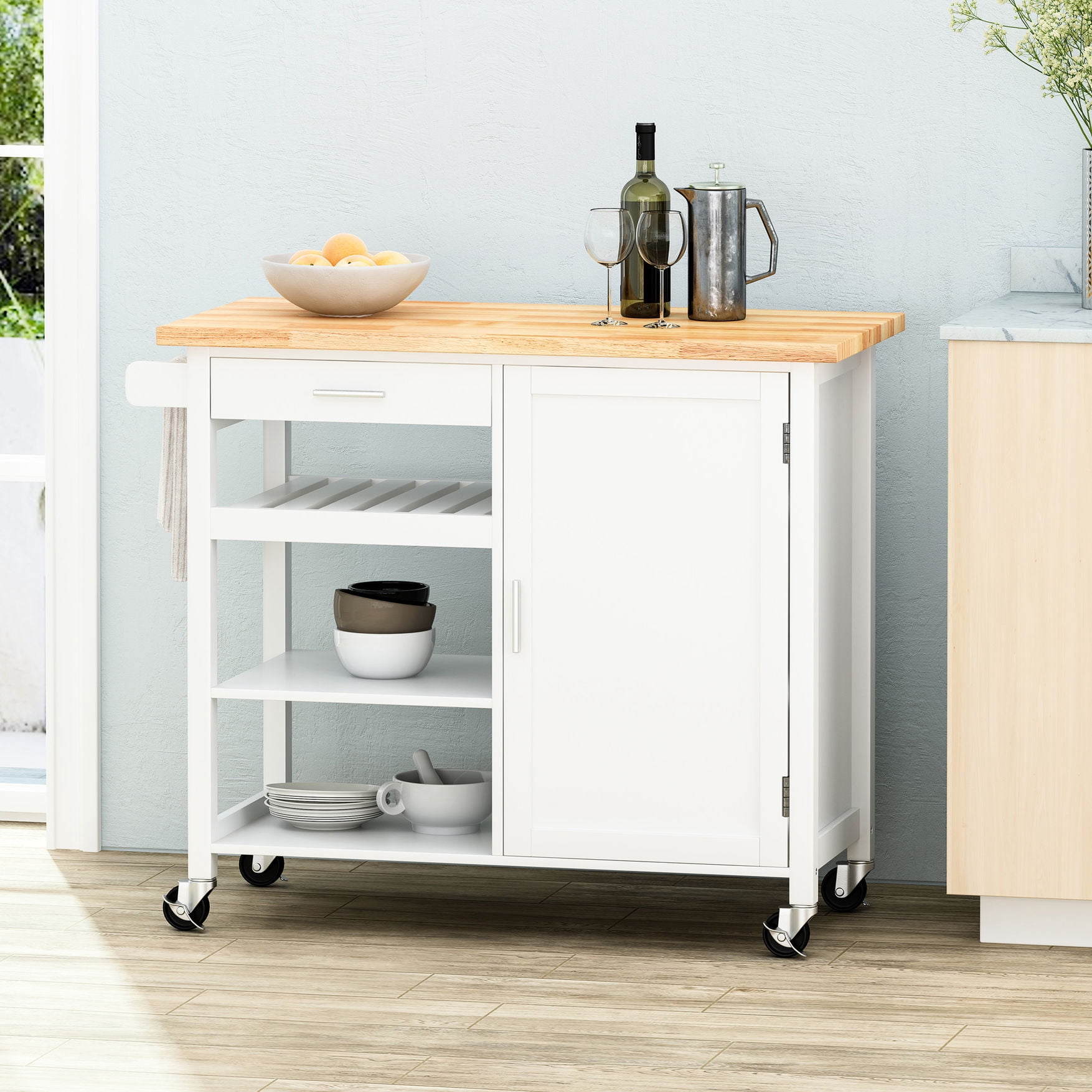 White Wood Kitchen Cart with Locking Casters and Cabinet - Bring ...