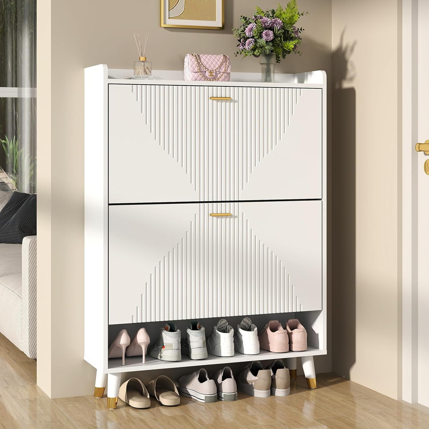 White Wood Shoe Storage Cabinet for Entryway Slim, Hidden Shoe ...