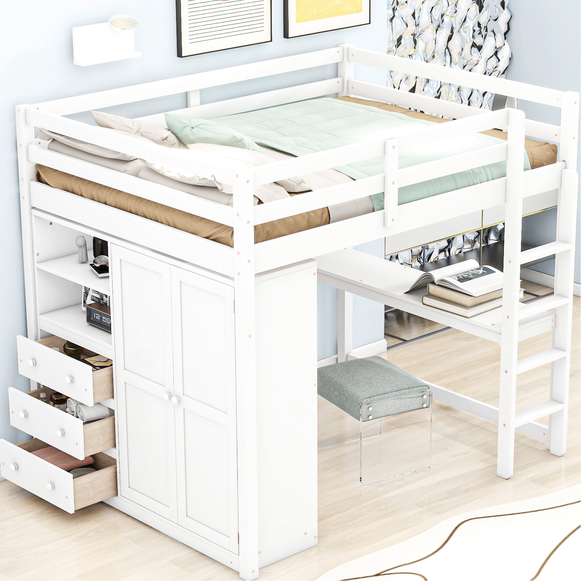 White Wood Size Loft Bed Featuring Built-in Wardrobe, Desk, Shelves ...