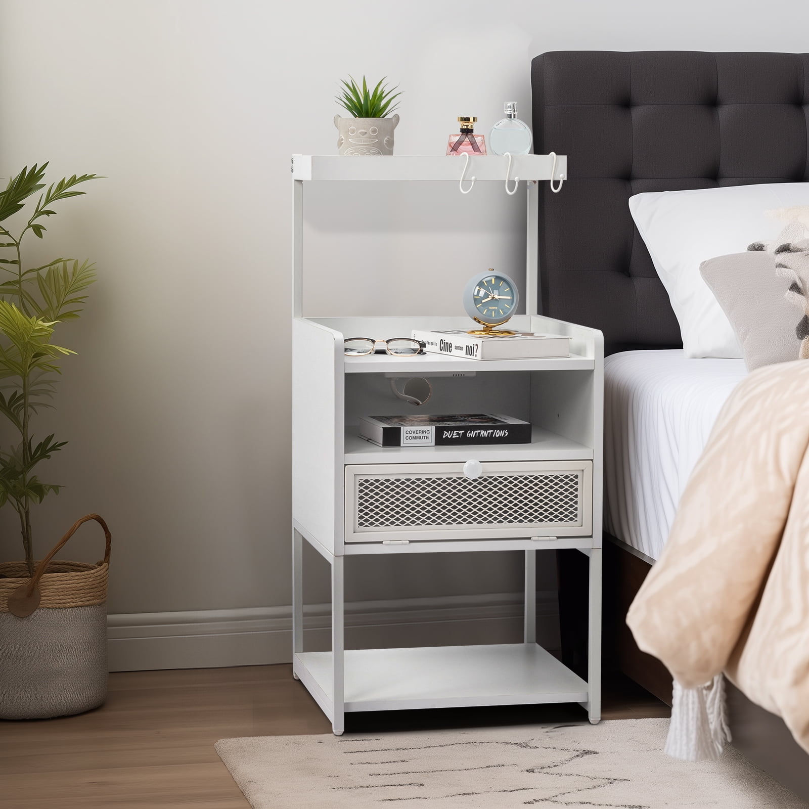 White Wood Steel Nightstand With Drawer, LED Light Strips, Charging ...