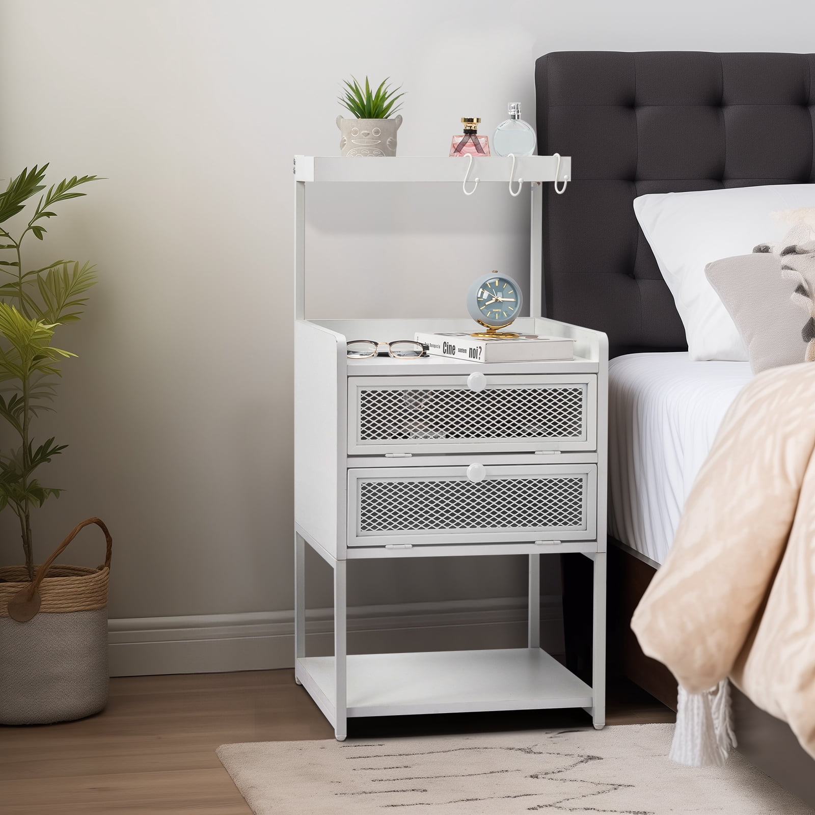 White Wood Steel Nightstand with 2 Drawers, LED Light Strips, Charging ...