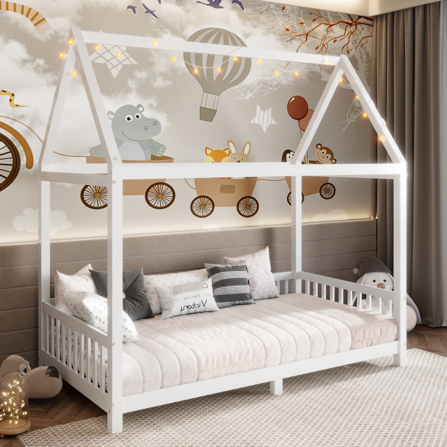 White Wood Twin House Bed with LED and Safety Guardrail / Comfortable ...