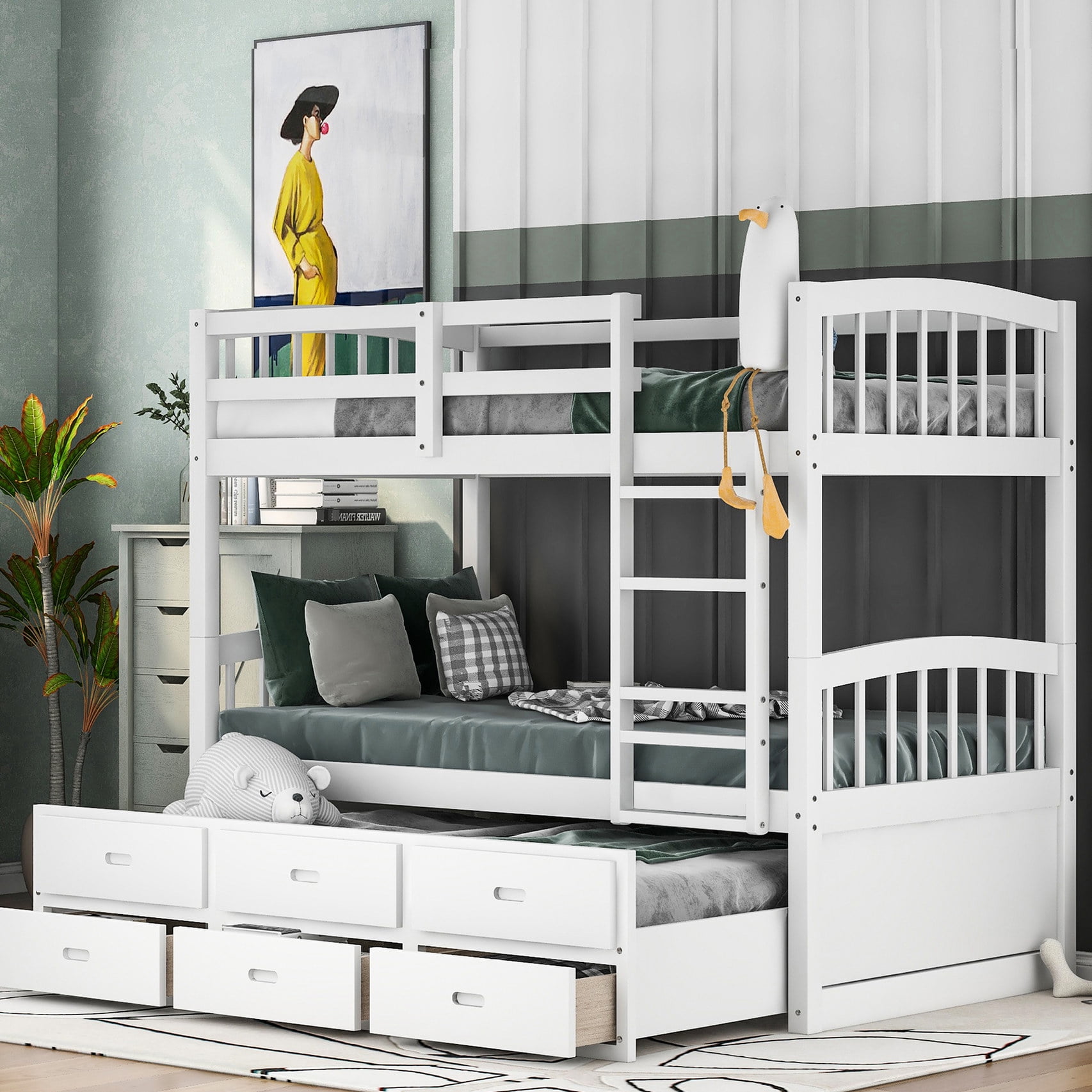 White Wood Twin over Twin Bunk Bed with Trundle & Drawers | Unique ...