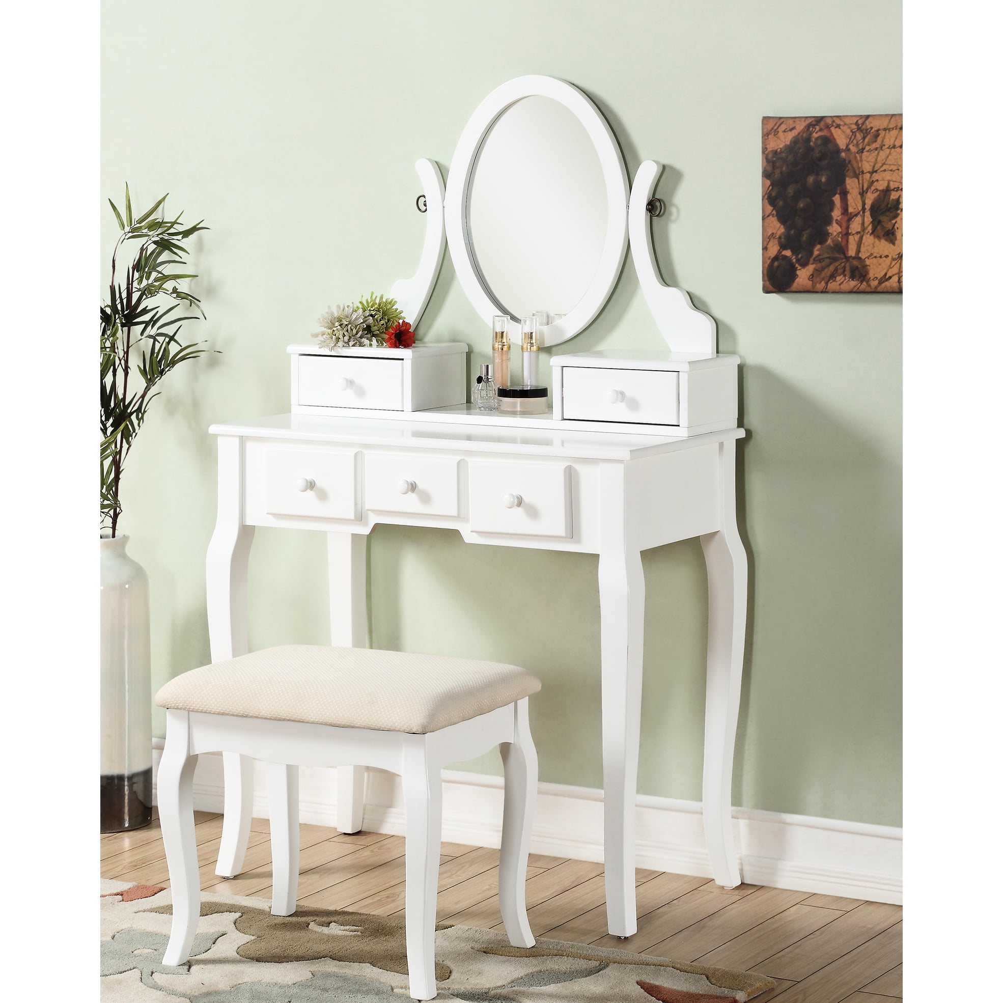 White Wood Vanity Table With Stool - Adjustable Mirror & 5 Drawers For ...