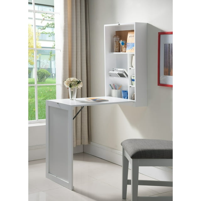 White Wood Wall-Mounted Folding Convertible Workstation Desk With ...