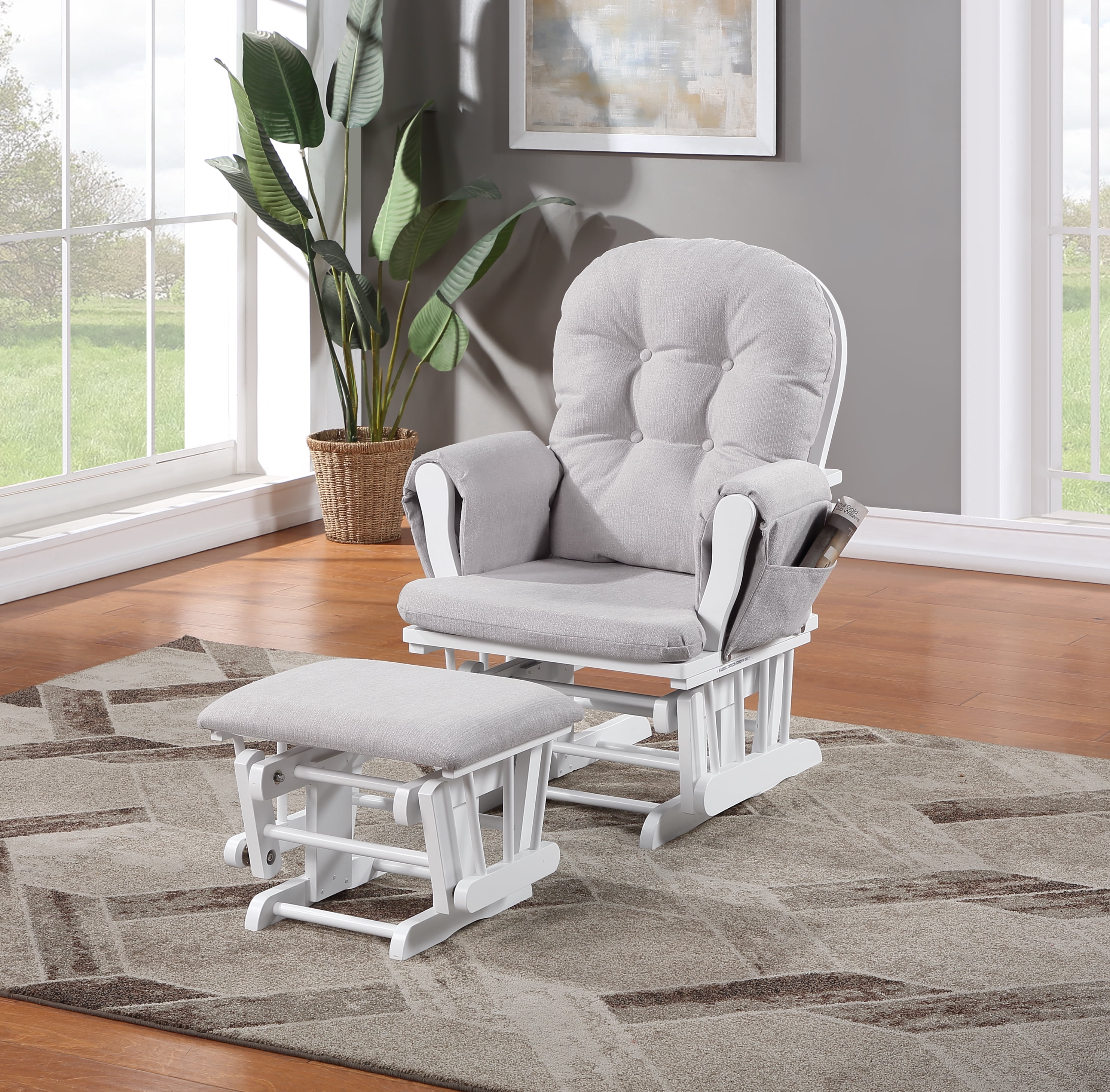 White Wood and Woven Gray Fabric Mason Glider and Ottoman for Nursery ...