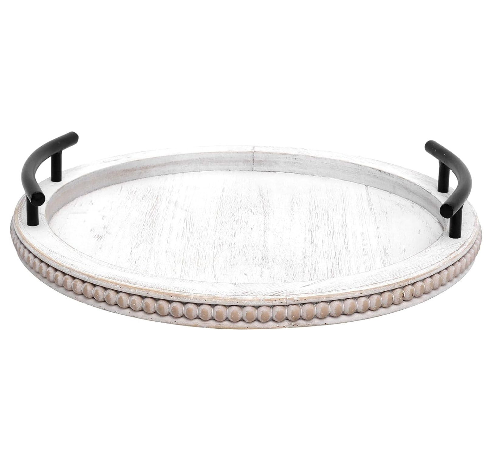 White Wooden Beaded Serving Tray with Handle Decorative Rustic ...