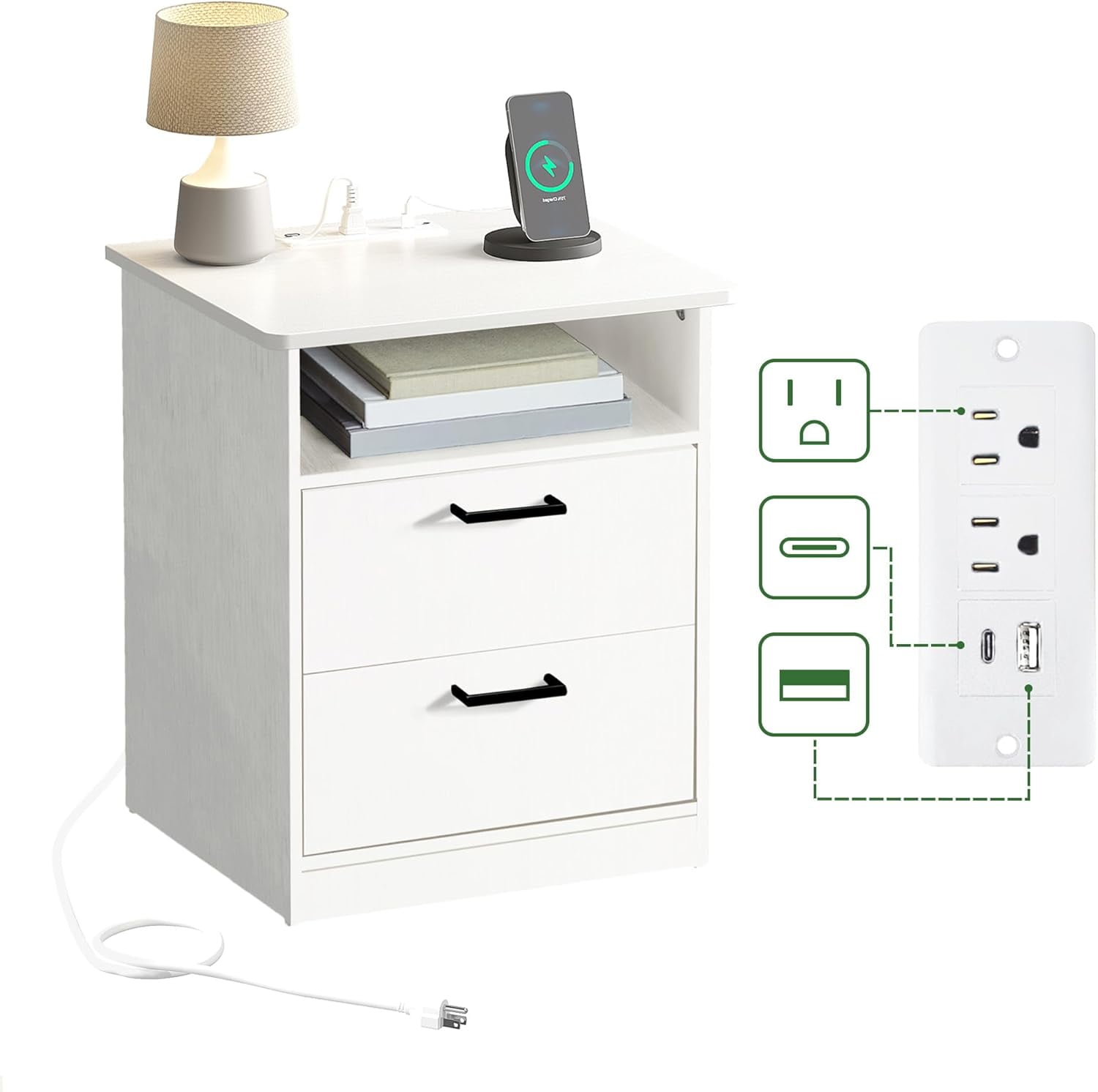 White Wooden Bedside Table with Fast Charging Station & 2 Drawers - USB ...