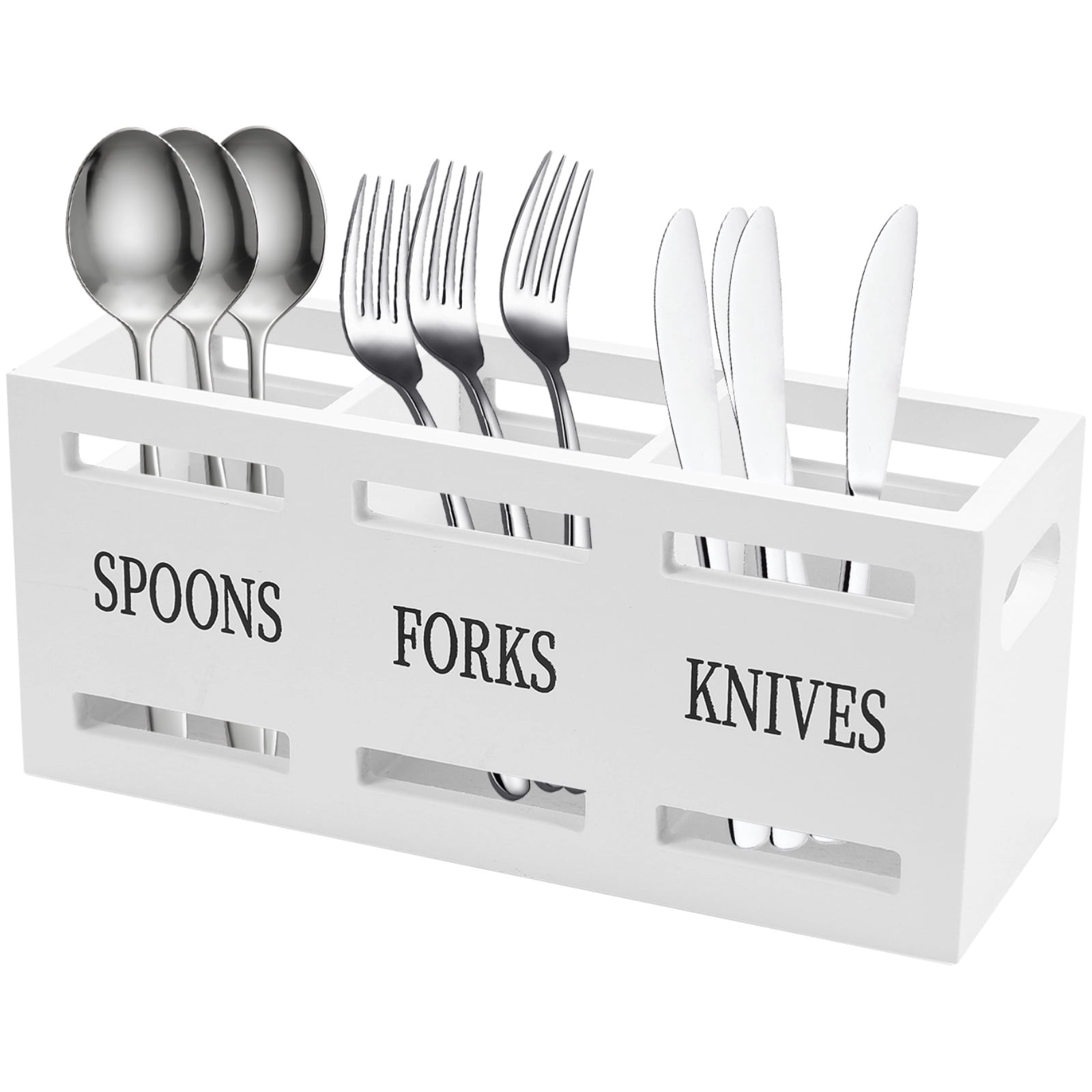 White Wooden Cutlery Storage Box, Three-Grid Utensil Holder with ...