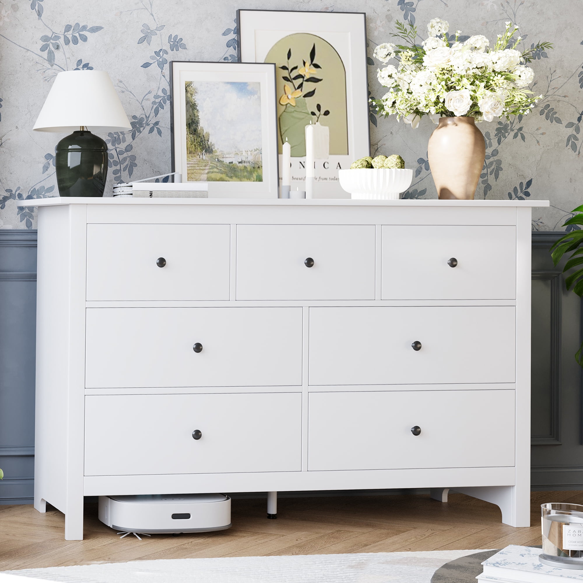White Wooden Dressers for Bedroom,48 Inch Wide 7 Dresser with Handles ...